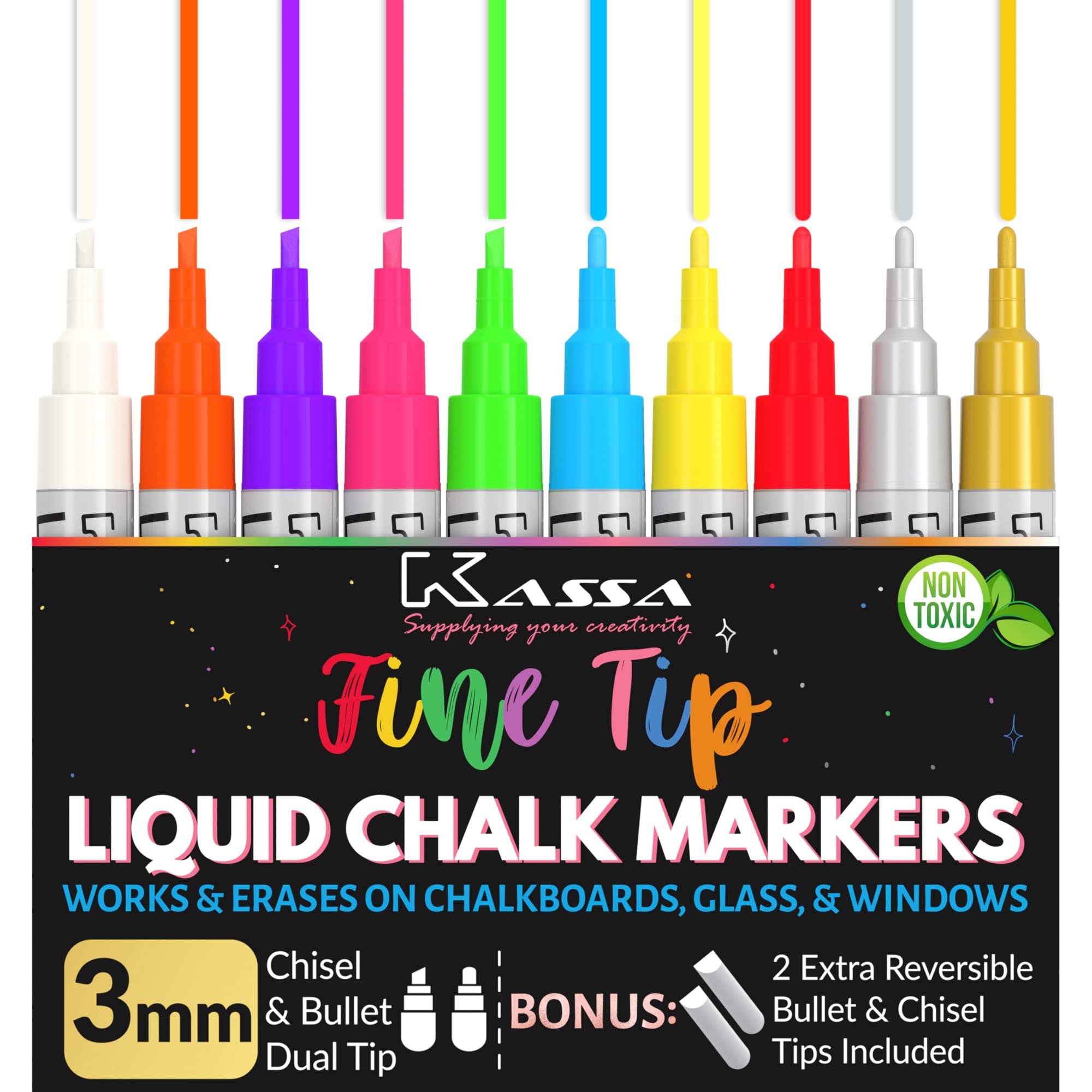 Kassa 10-Pack 3mm Neon Multicolor Chalk Markers | Includes 2 Bullet & Chisel Dual Tips | Works on Chalkboards, Windows, Glass or Mirrors | Erasable & Dust-Free | Ideal for Use at Home, School & Office
