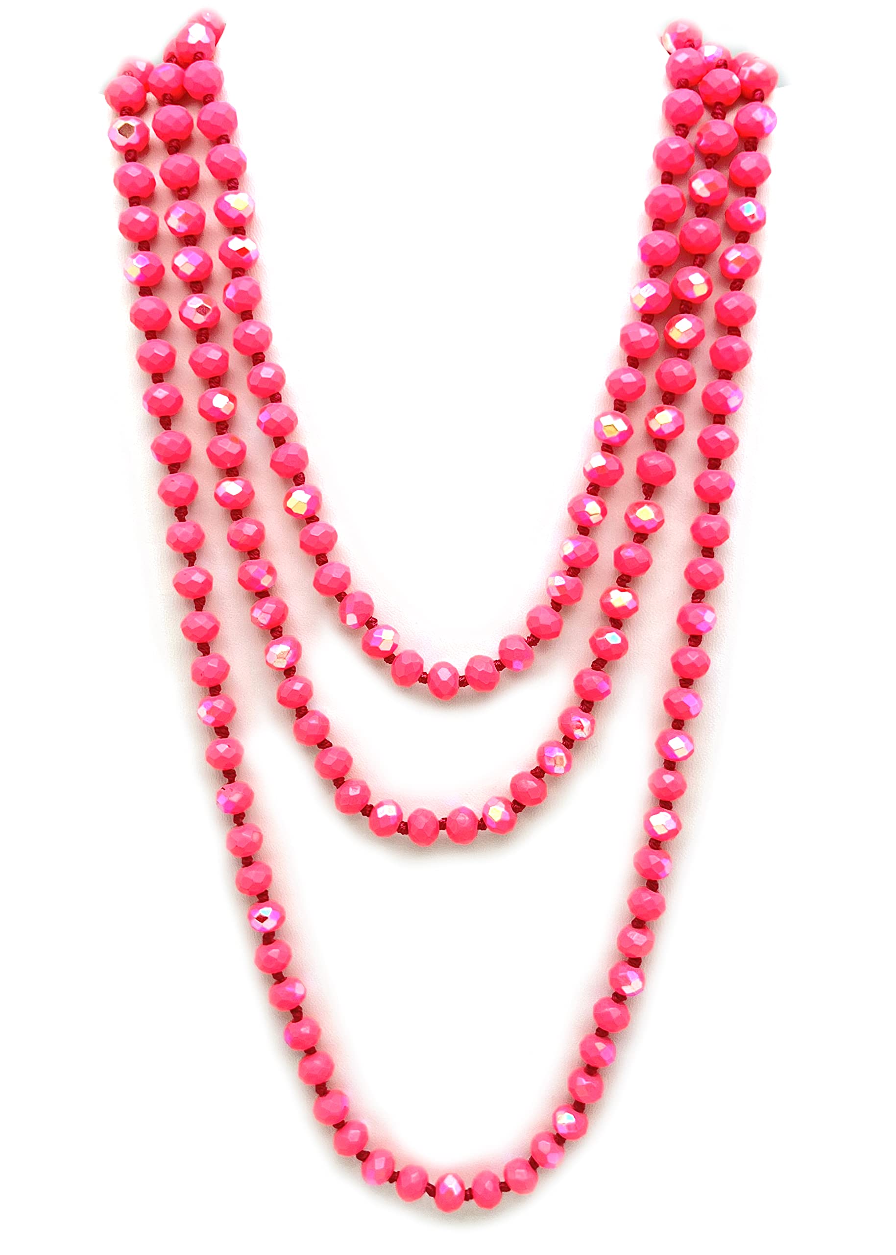 Miracle Collection 60" Knotted Crystal Beads Endless Long Statement Necklace-Versatile Beaded Strand Lariat Multi Layer Infinity Wrap with 8mm Faceted Crystal Bead and Pearl (NEON PINK)