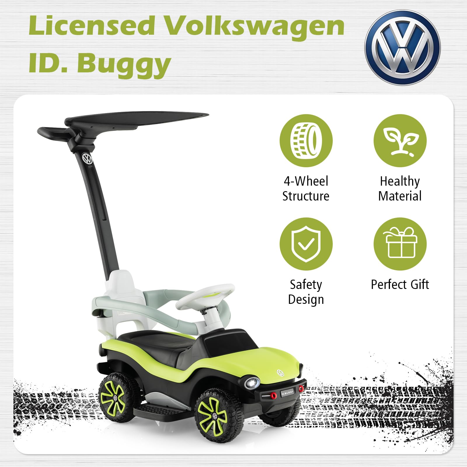 INFANS Ride on Push Car, 3 in 1 Licensed ID. Buggy Stroller Sliding Walking Car with Sun Canopy, Adjustable Handle, Guardrails, Foot-to-Floor Toy for 12-36 Months (Volkswagen)