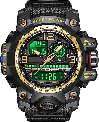 Yihou Mens Military Watch Tactical Watches for Men Sport Waterproof Relojes para Hombres Outdoor Digital Watch Big Face Alarm Stopwatch LED Gold