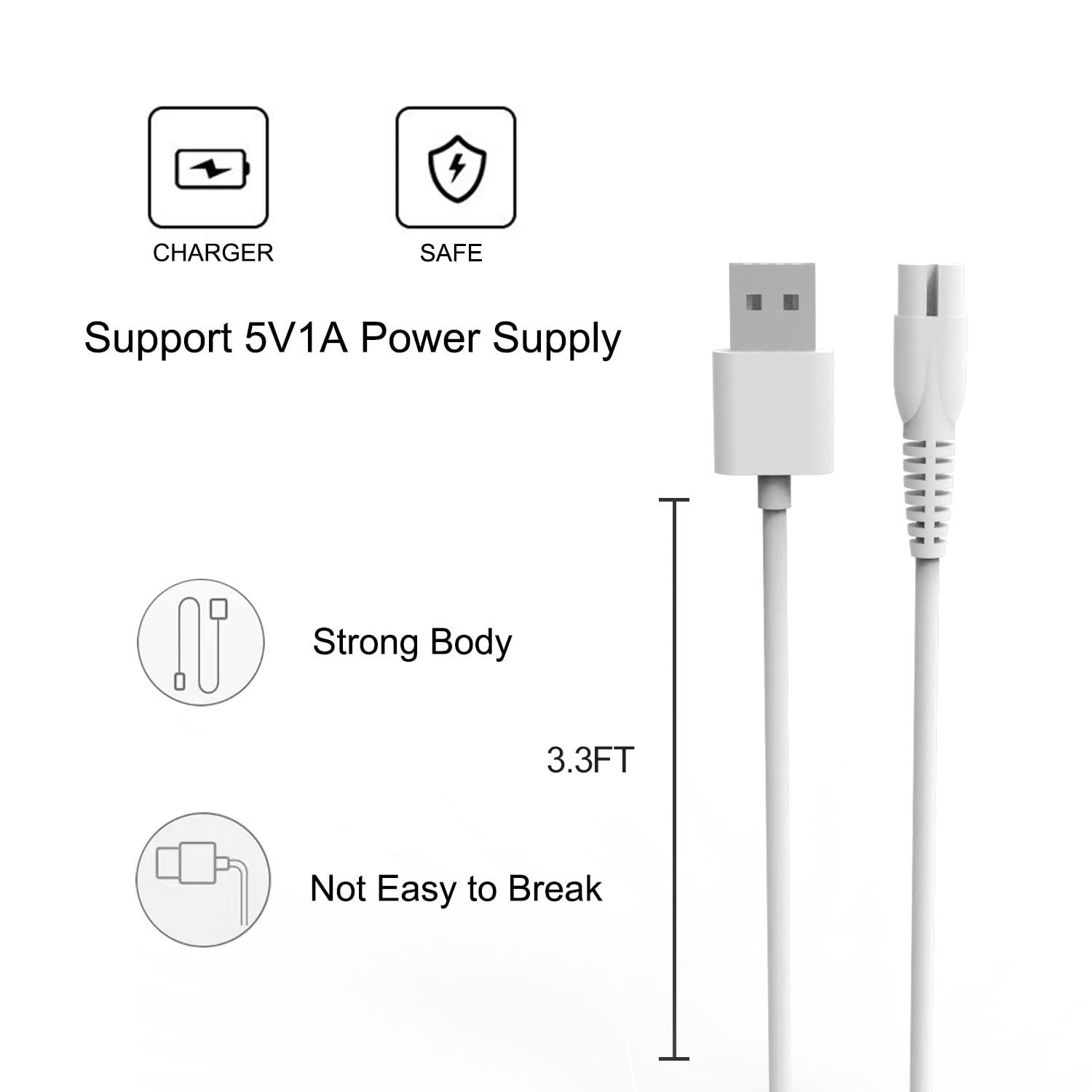 Replacement Power Cord for Meridian Electric Shaver Trimmer with 3.3Ft Charger Cable White