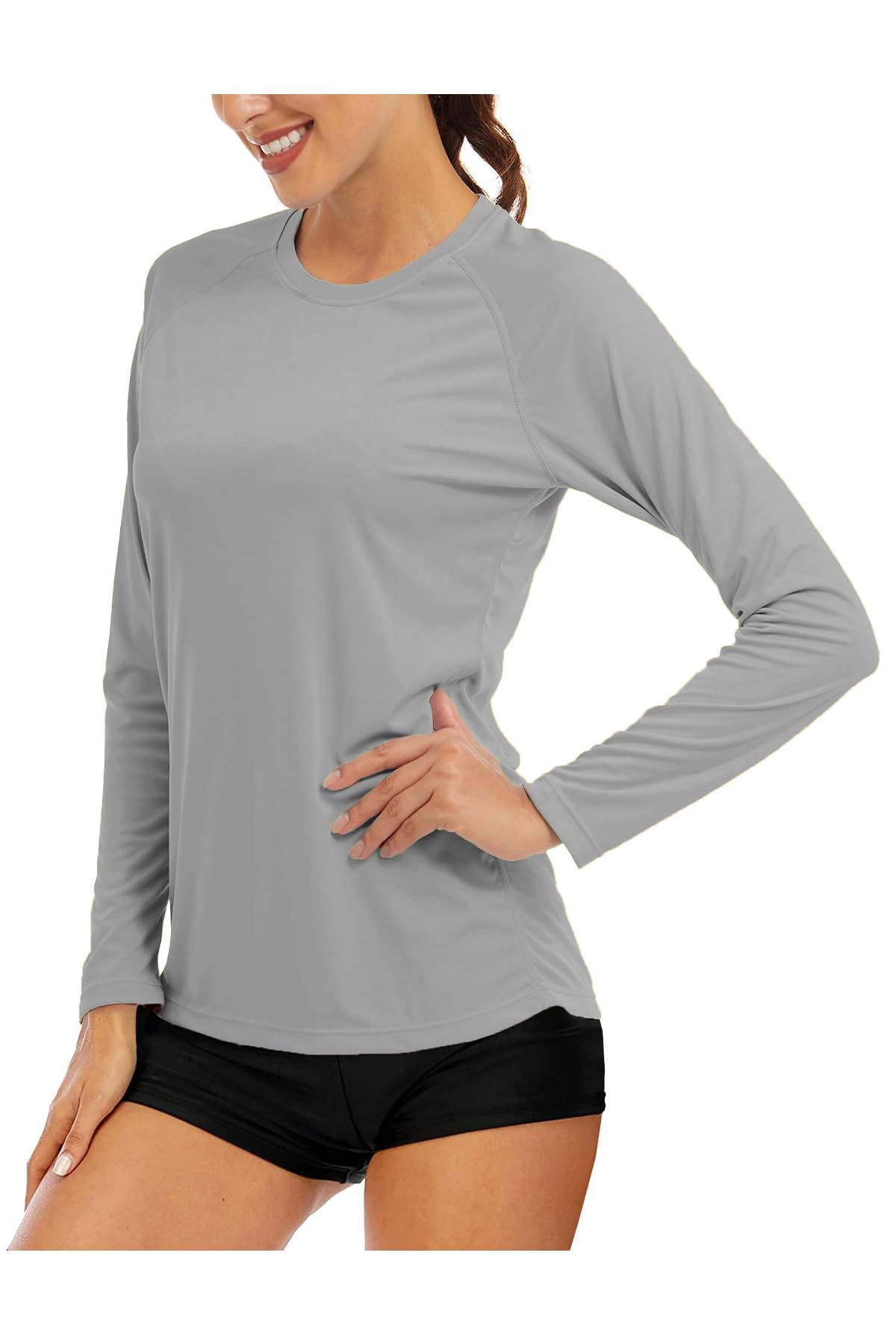 KINGFEN Women UPF 50+ Sun Protection Hiking Clothing Cozy Pastel Pullover Loose Long Sleeve Swim Athletic Shirt Women UV Protection Outdoor Activities Shirt Workout Clothes Light Grey Medium