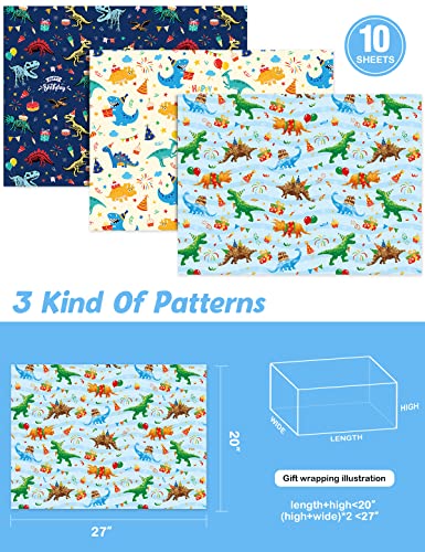 WERNNSAI Dinosaur Wrapping Paper - 10 Sheets Dinosaur Gift Wrapping Paper for Boys Girls 3 Styles Patterns Wrap Paper Rolls Happy Birthday Wrapping Paper Dino Party Favor Present (20ββ x 27ββ/ Sheet)