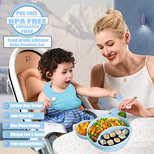 xuan dian Silicone Baby Feeding Set, Silicone Suction Plate Shape Self Feeding Adjustable Bib,Suction Plate for Baby Toddler with Spoon Fork Adjustable Bib Set-Blue