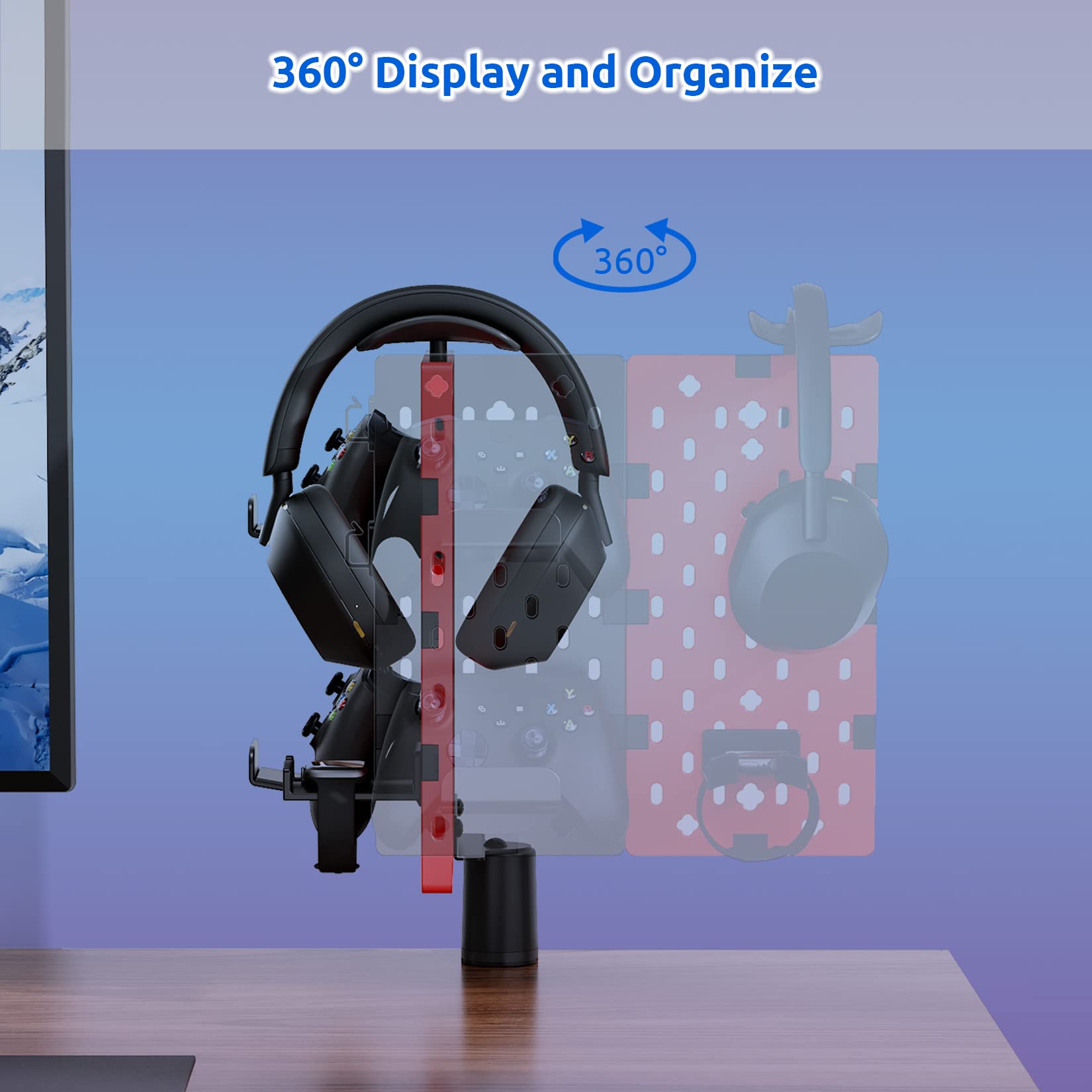 PUTORSEN Headphone and Controller Holder for Desk, Rotatable DIY Modular Headphones Holder & Controller Stand with Cable Hooks, Clamped above/under Desk for Xbox PS5 PS4 Nintendo Switch Controller