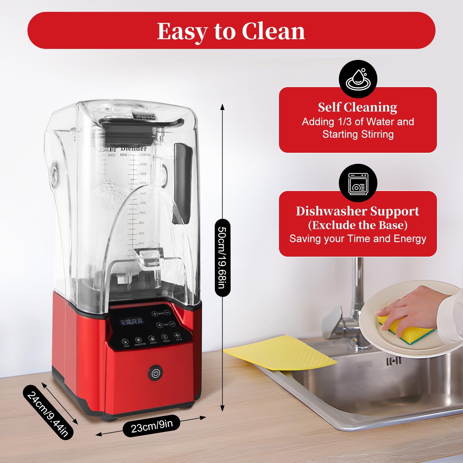 YUNLAIGOTOP Quiet Commercial Blender, 2200W Soundproof Cover Blender, Fruit Juice Smoothie Maker with Smart Touch Screen, High-Speed Blenders for Restaurants, Hotels, Homes, Parties (2.2L, Red)