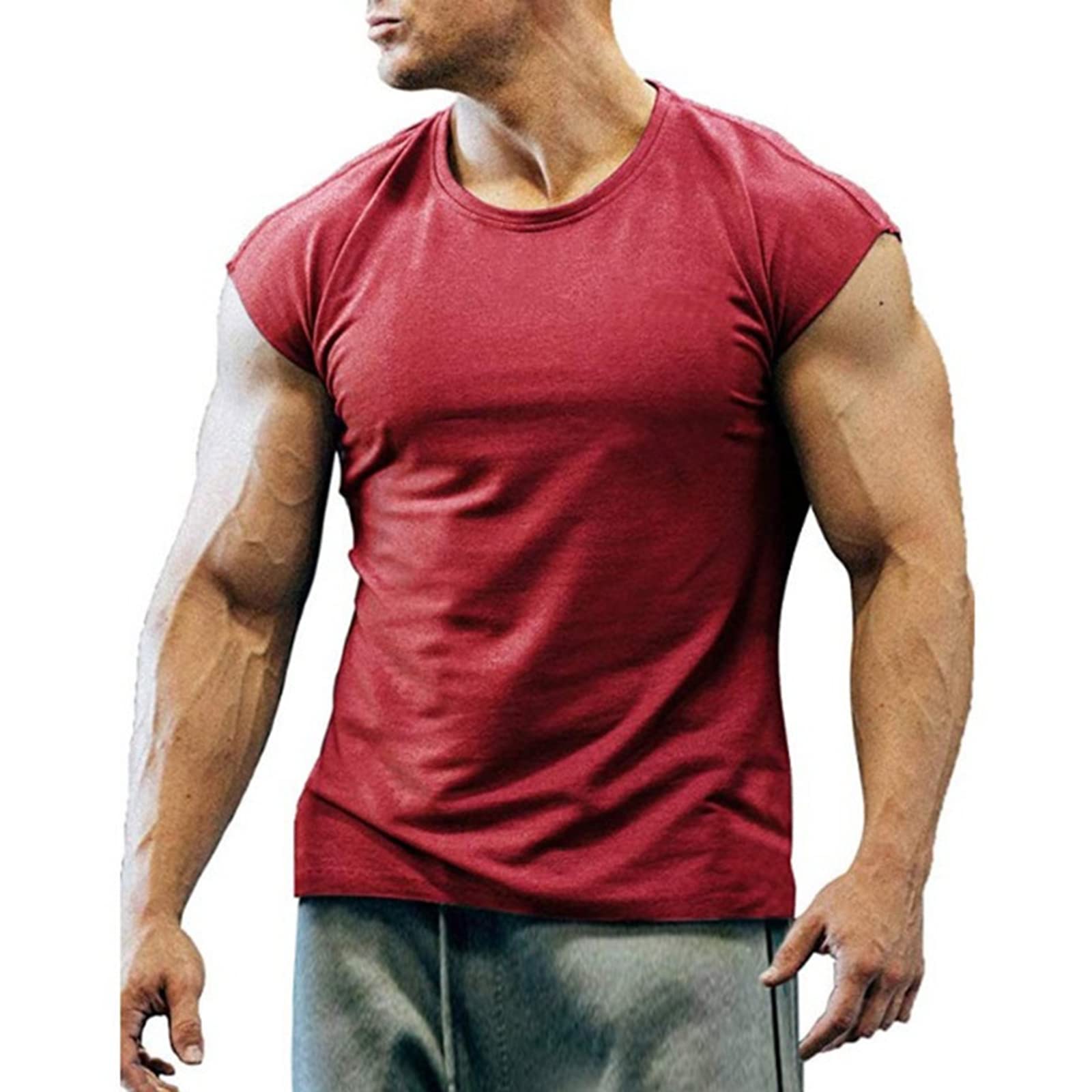 Men's Workout Tank Tops Sleeveless Muscle Cut Off Shirts Bodybuilding Gym Shirt Red