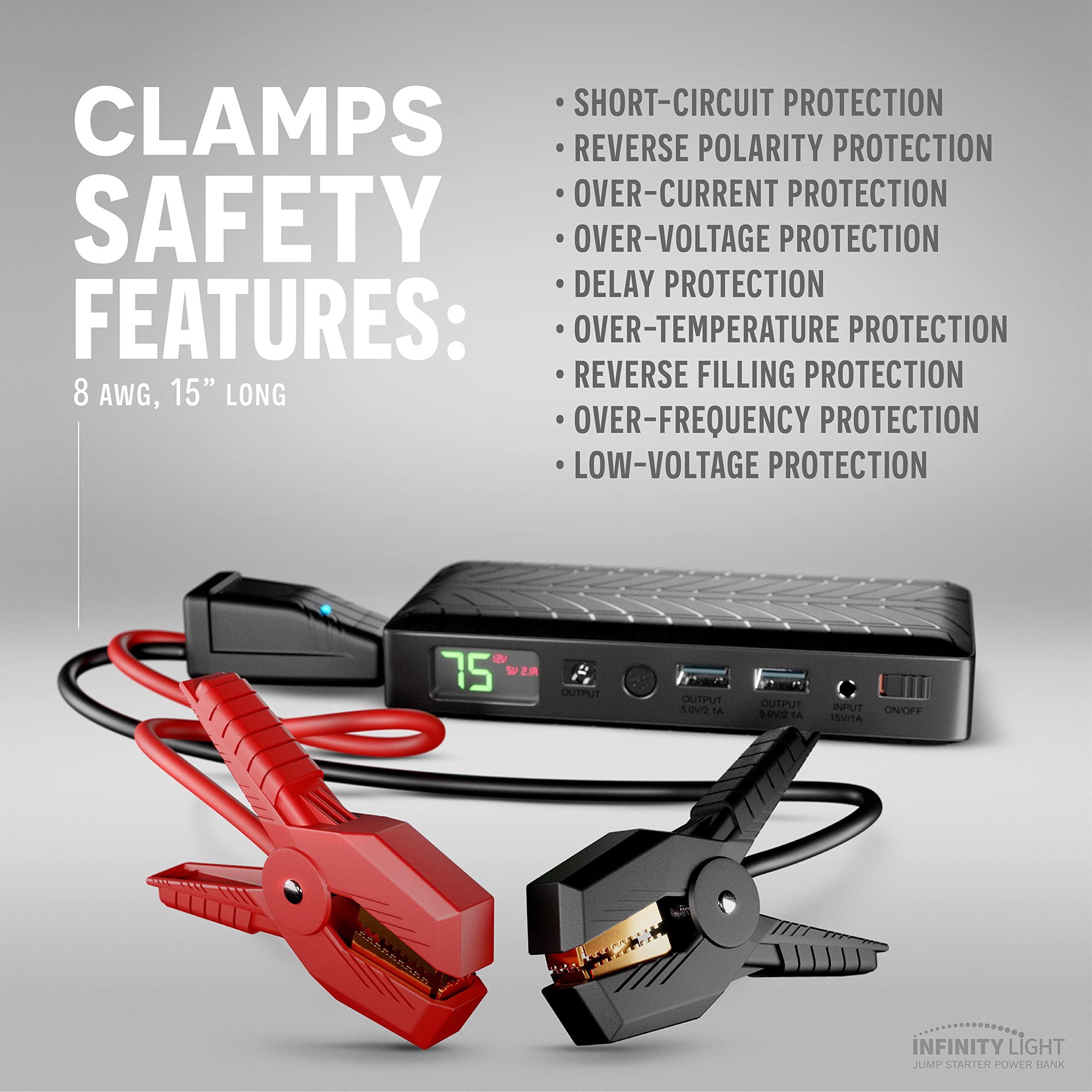 Infinity Light Jump Starter Battery Pack β 1000Amp 18,000mAh 12V Car Portable Battery Booster Pack Power Bank β 2 in 1 USB Charger with LCD Display, LED Light Emergency Warning Mode, 6L Gas/4L Diesel