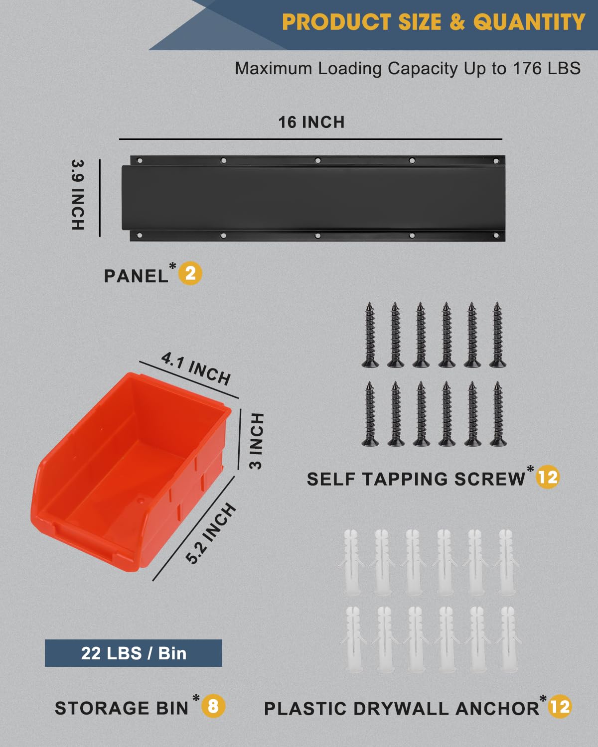 WellMall Wall Mounted Storage Bins - 8 Piece Bins & 2 Steel Rails Plastic Garage Tool Storage for Screw Organizer & Small Parts Organizer