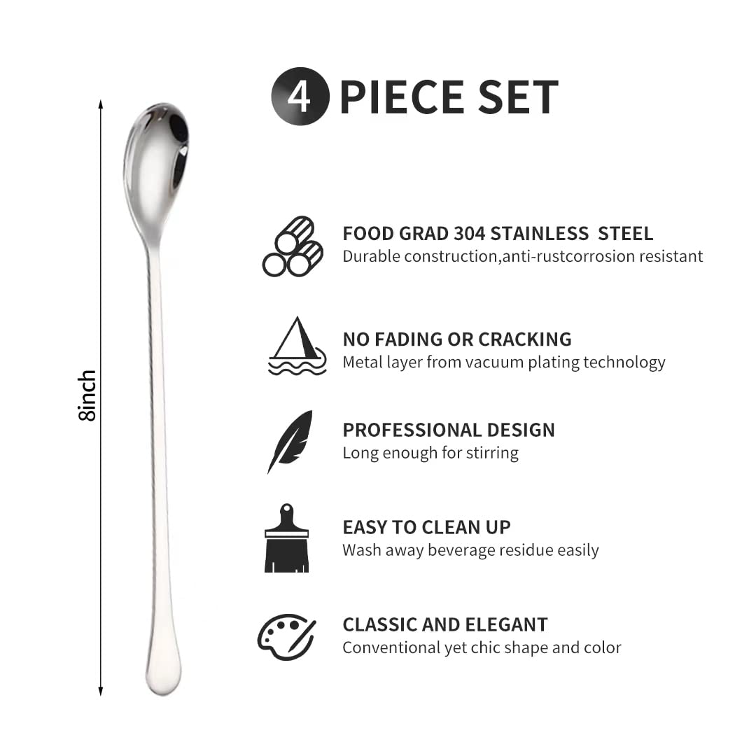 Long Handle Spoons,8-inch Ice Tea Spoon, Coffee Stirrers,Ice Cream Spoon, AXIAOLU Premium 18/10 Stainless Steel Cocktail Stirring Spoons, Set of 4 Silverā¦