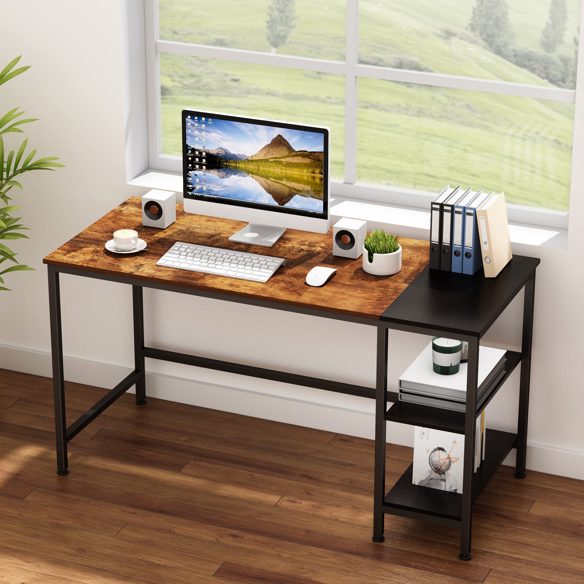 JOISCOPE Home Office Computer Desk,Small Study Writing Desk with Wooden Storage Shelf,2-Tier Industrial Style Laptop Table,Gaming Table with Splice Board,60 inches,(Vintage Oak Finish)