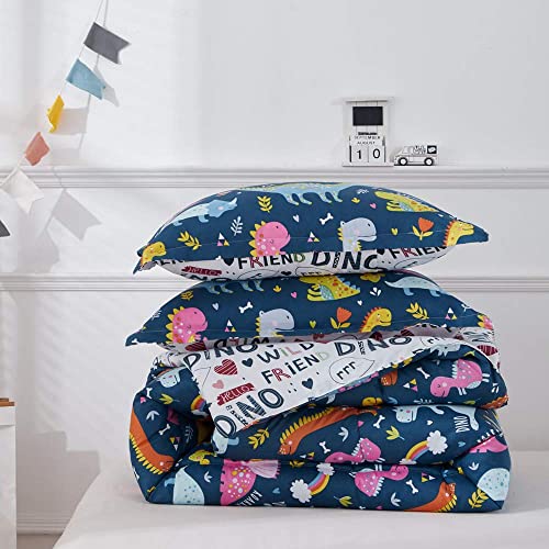 Joyreap 3pcs Comforter Set for Kids Boys, Cute Dinosaur Printed on Navy Reversible Design, Soft Microfiber Comforter for All Season (Twin, 68x86 inches)