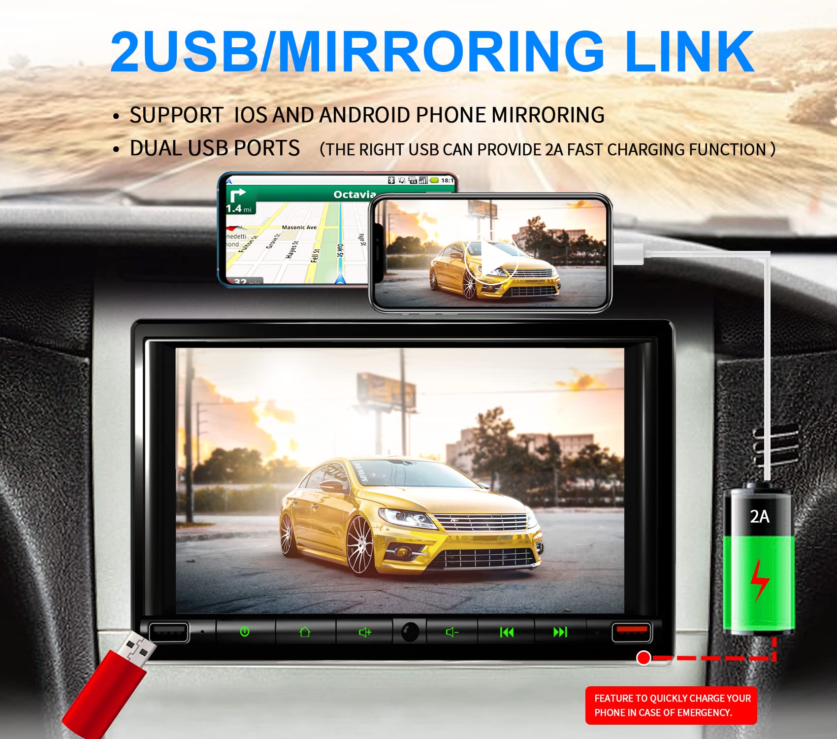 MAXIMACA TH0018 2-Din Car Audio Receiver, Bluetooth 5.2, 1280x720 Touchscreen, 4x52W Output, Android and iOS Compatible