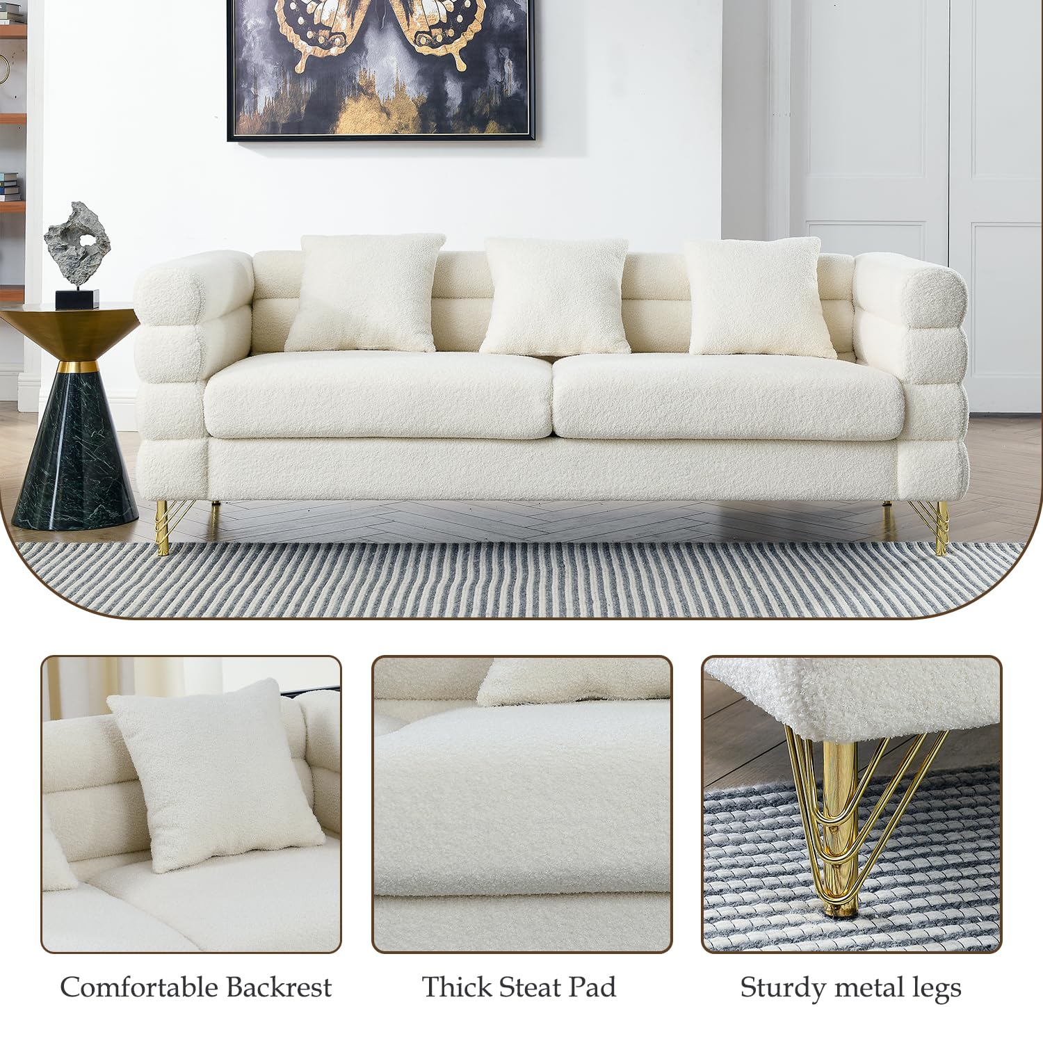 KATBOC Sofa Oversized 3 Seater Sofa 81-inch Modern Living Room Sofa Couch Teddy Fabric Upholstered Sofa Deep Seat Couch with 3 Pillows for Living Room Bedroom (White)