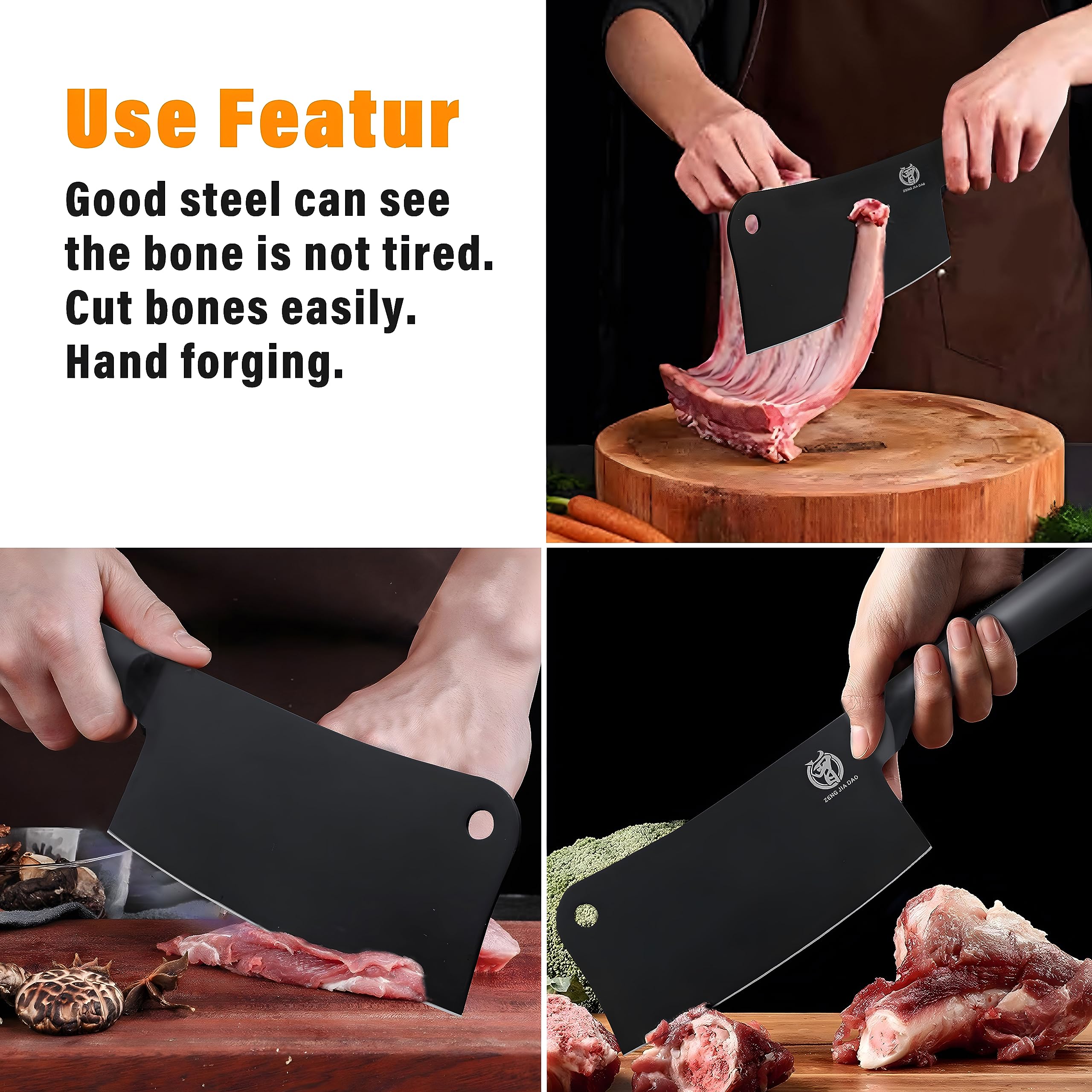 ZENG JIA DAO Meat Cleaver Knife, 6.7" Stainless Steel Butcher Chopper with Black Coating Ergonomic Sturdy Handle 2024 Gift