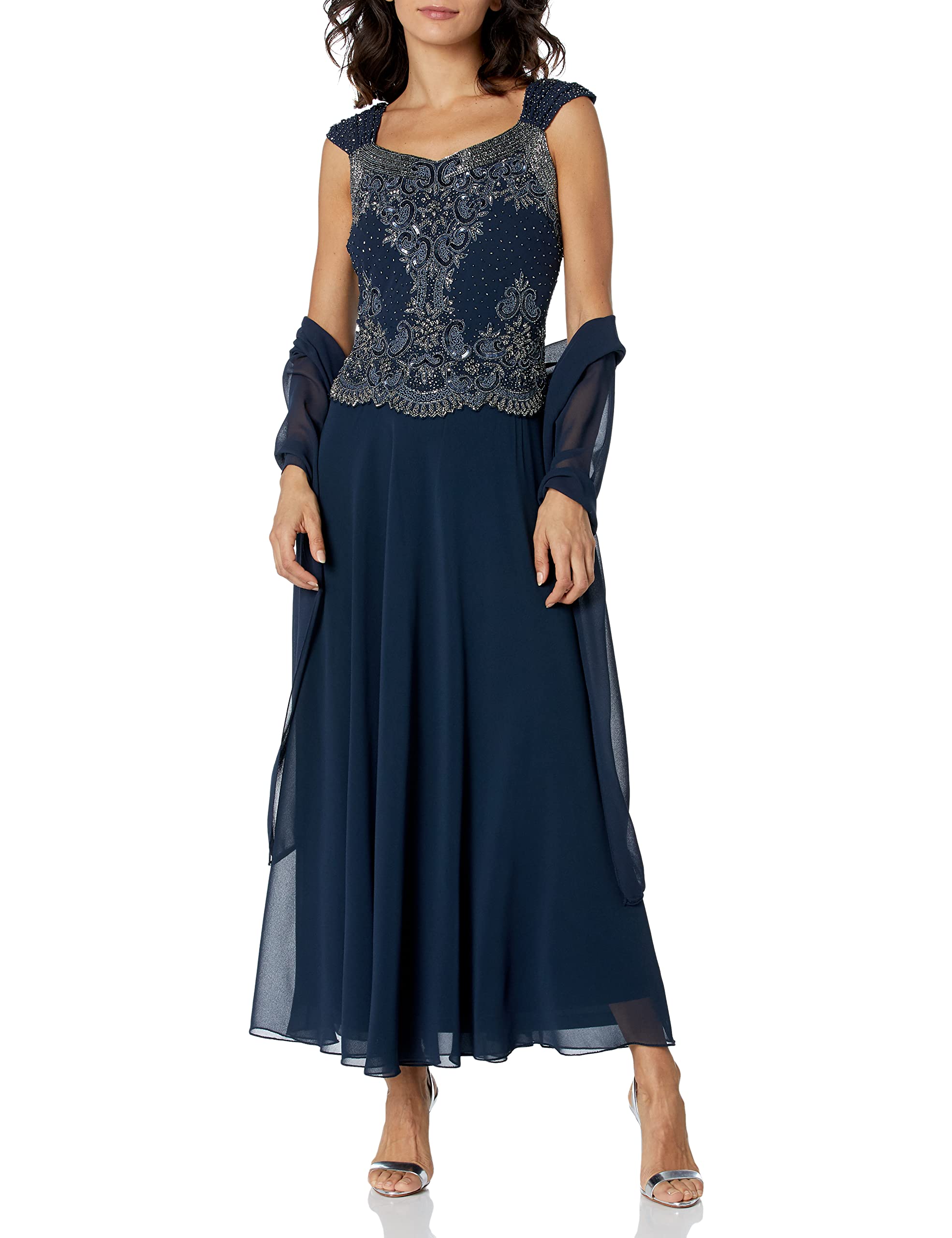 J Kara Women's Petite Beaded Cap Sleeve Dress, Navy/Mercury, 10P