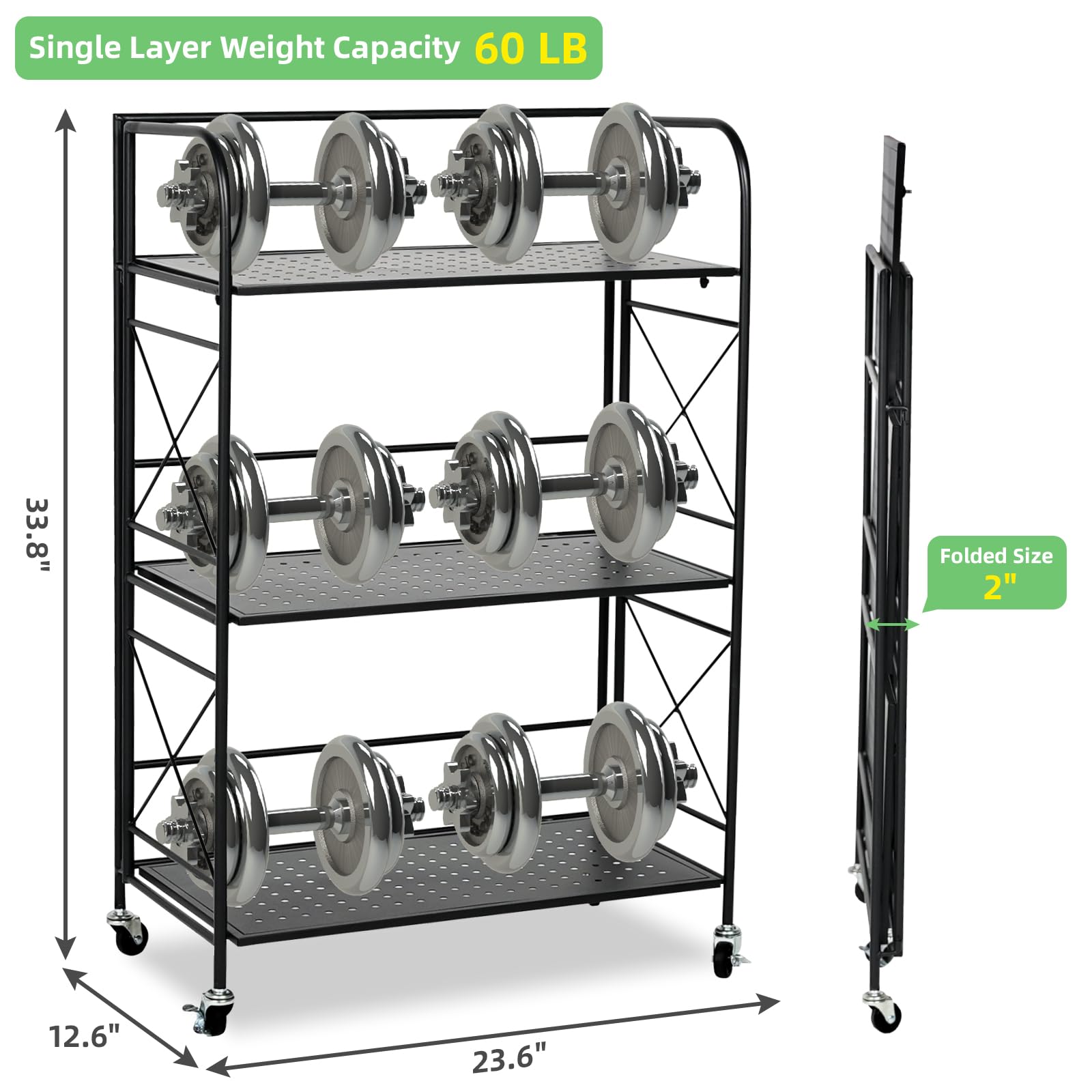 villertech Folding Shelf 5 Tier,Folding Bookshelf,Foldable Shelf,Metal Folding Storage Shelves with Wheels,Folding Shelf Unit for Living Room,Kitchen,Study, 12.6" D x 23.6" W x 57.0" H, Matte Black