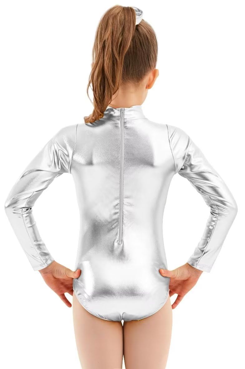 Javly Kids Girls Lycra Shiny Metallic Zipper Back Turtleneck Dance Leotard, Sliver, Medium