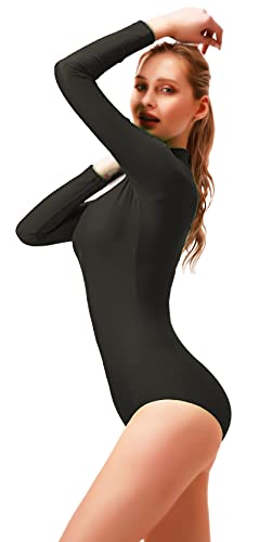 Javly Turtleneck Bodysuit for Women Long Sleeve Ballet Dance Leotards with Zipper on Back Undergarment Spandex Bodysuits Jumpsuits Black XXL