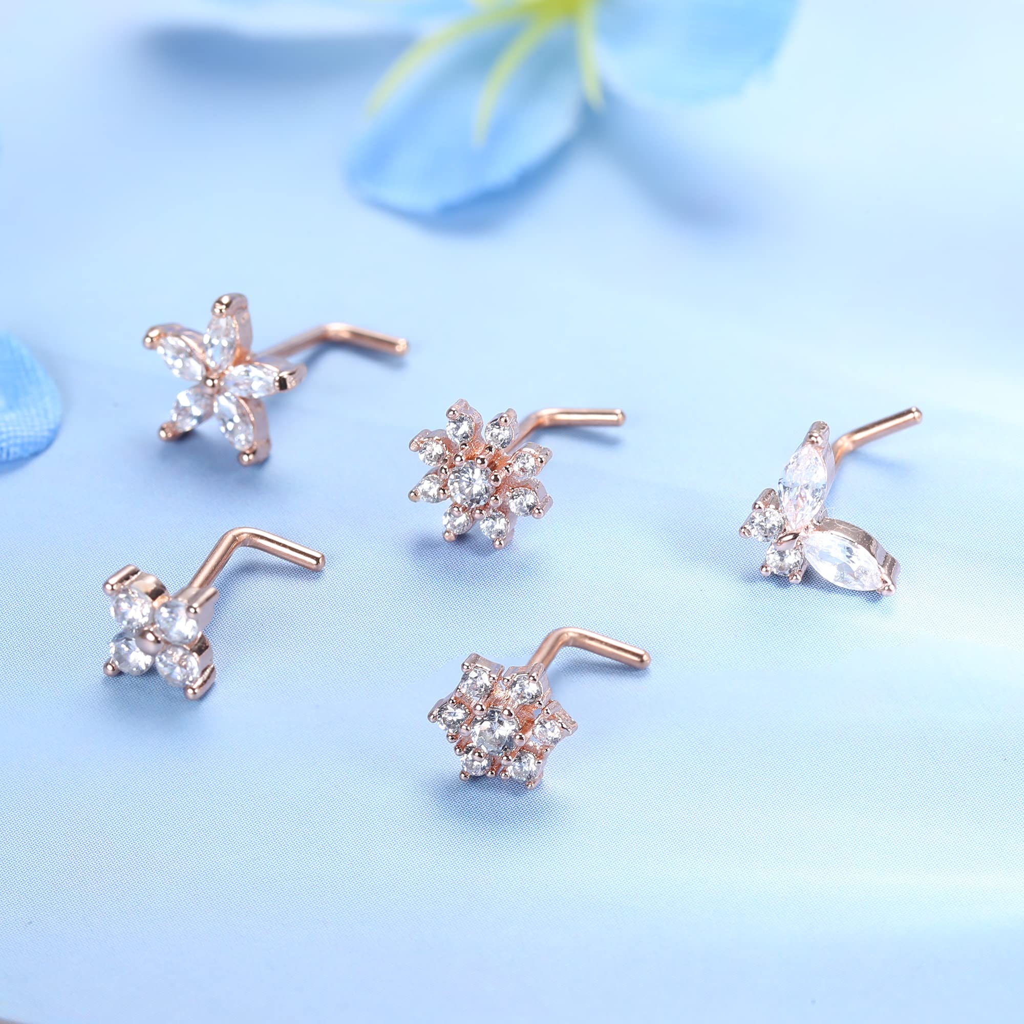 LOYALLOOK 6PCS 20G Nose Ring Stud L-Shape Nose Rings Cubic Zirconia Butterfly Nose Screw Studs Rings Stainless Steel Flower Nose Piercing Ring, L-Shape Rose Gold