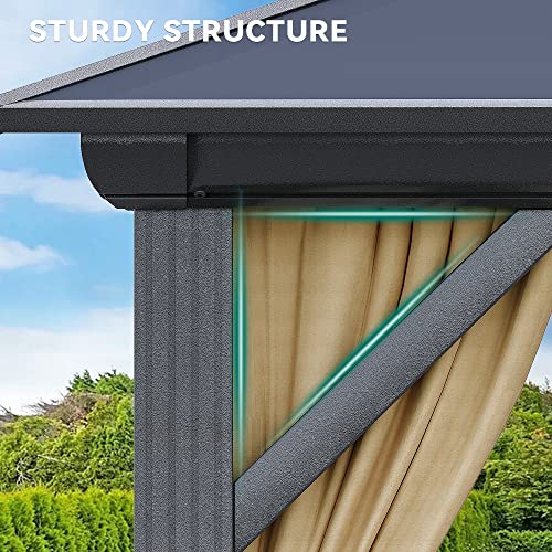 YITAHOME 12x12FT Gazebo Hard-Top Double Roof Canopy Outdoor with Netting and Shaded Curtains, Aluminum Frame Polycarbonate Hardtop Garden Tent for Patio, Backyard, Deck and Lawns, Brown