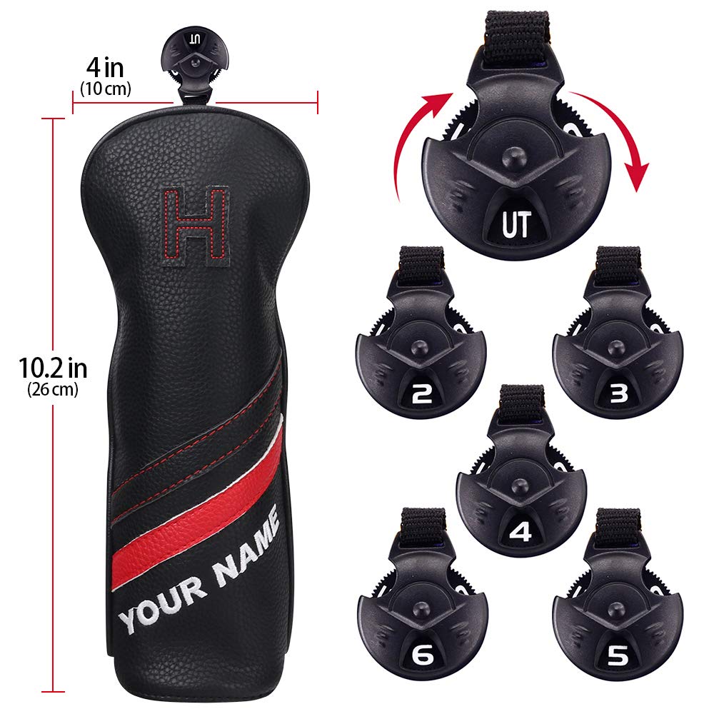 Litchi Pattern Red Stripes Black Golf Headcovers for Driver Fairway Wood and Hybrids Also Customize Golf Driver Wood Hybrid Covers with your Name Stitched (Driver Cover #1)