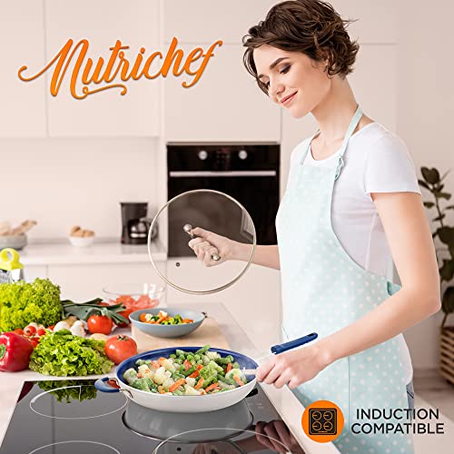 NutriChef 14" Fry Pan With Lid - Extra Large Skillet Nonstick Frying Pan with Silicone Handle, Ceramic Coating, Blue Silicone Handle, Stain-Resistant And Easy To Clean, Professional Home Cookware