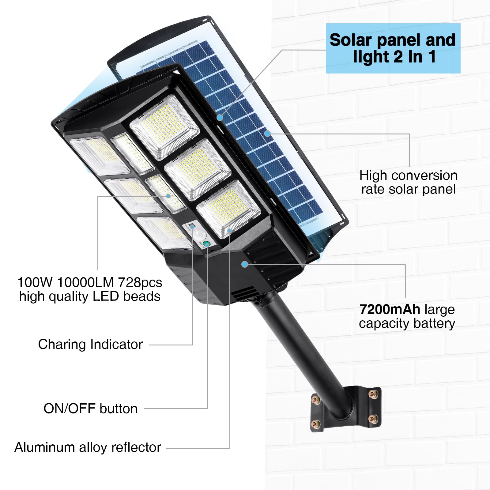 ZJOJO 800W Solar Street Light Outdoor Waterproof, 15000LM 728 LEDs Solar Lights for Outside Dusk to Dawn, 6500K LED Parking Lot Light Solar Powered Security Flood Lights with Motion Sensor (1 Pack)