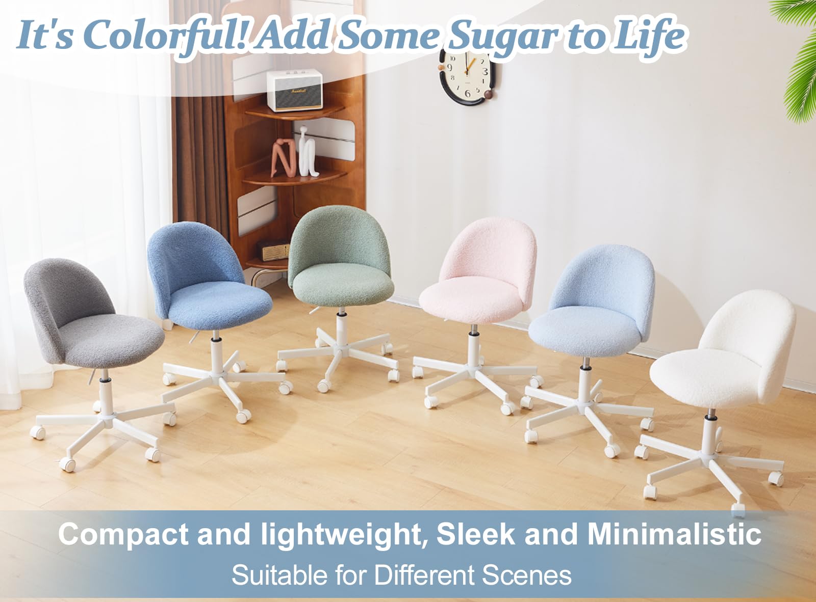 VINGLI Candy Chair Armless Cute Desk Chair,Comfy Small Office Chair with Wheels,Vanity Chair with Lumbar Support,Teddy Adjustable Rolling Swivel Computer Task Chair for Home Office,Bedroom,White