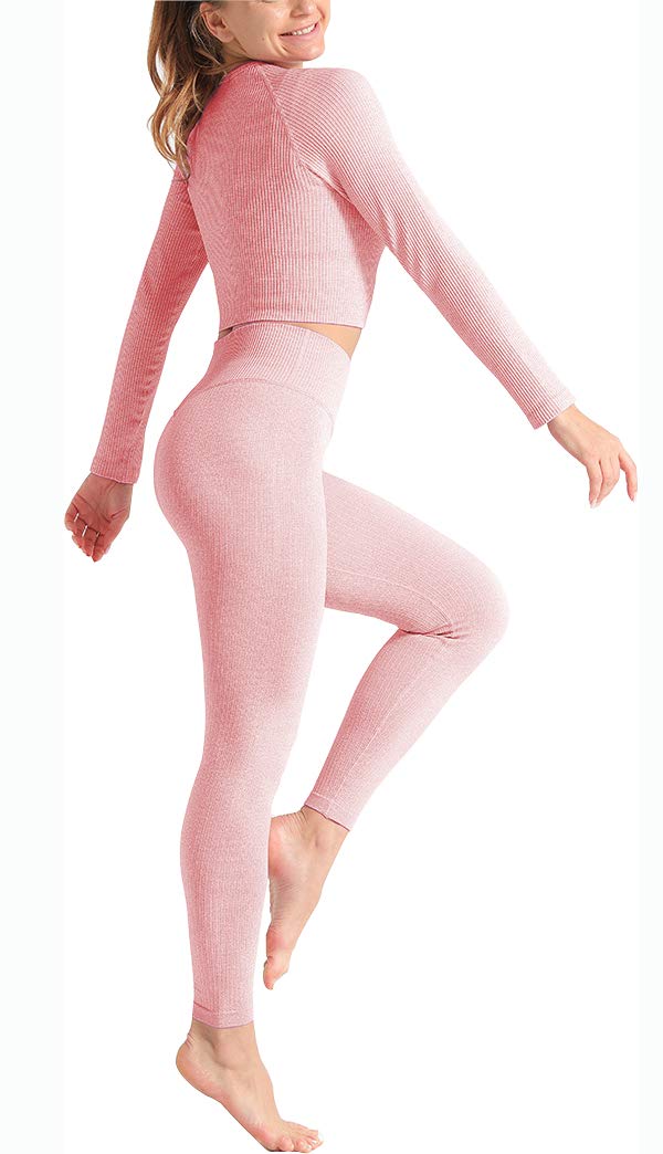 MAYROUND Women 2 Pieces Yoga Workout Outfit Ribbed Seamless Leggings and Long Sleeve Crop Top Set Exercise Clothes