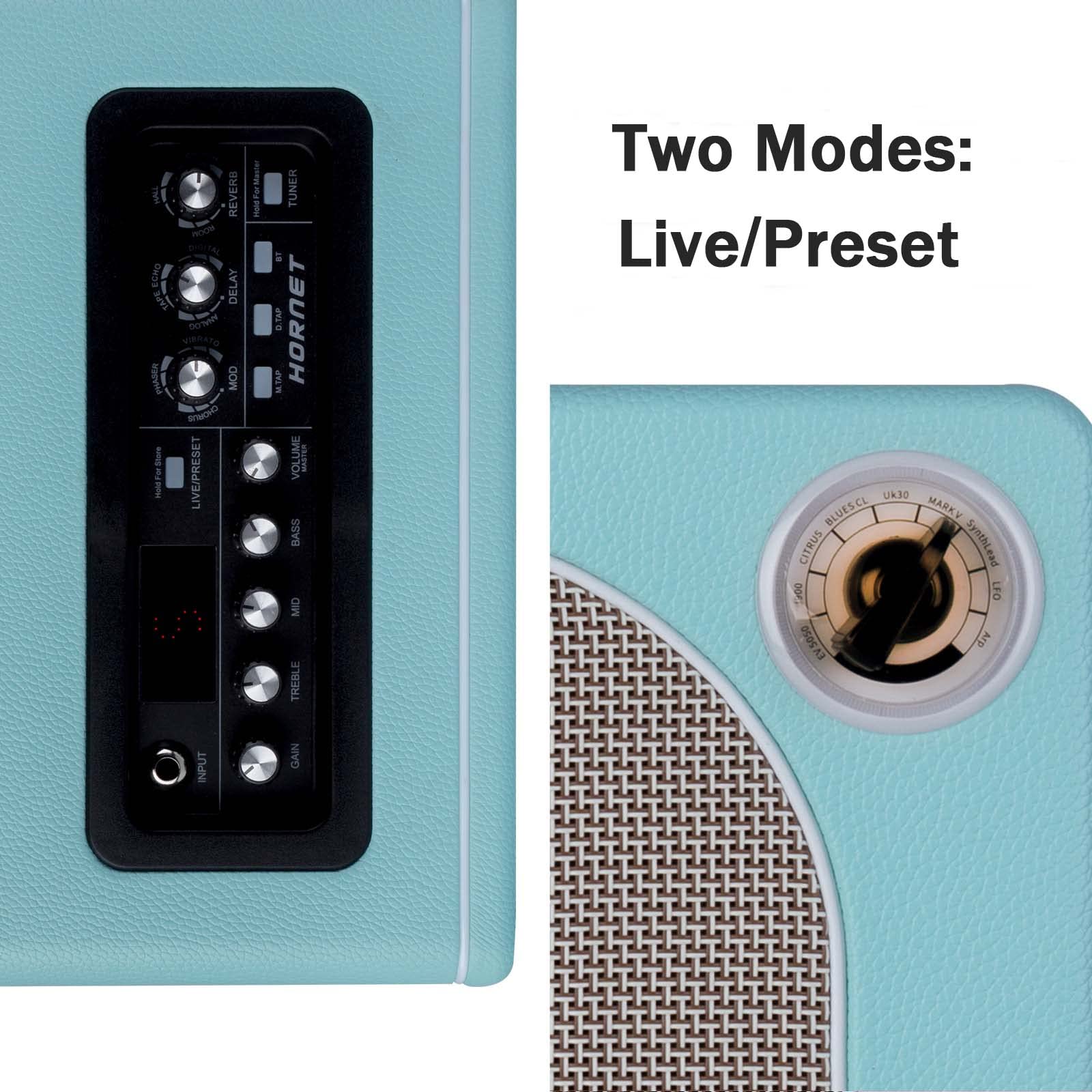 MOOER Guitar Amplifier Combo 15W, Practice Electric Guitar Amp with 9 Digital Amp Models for Electric Guitar and Bass - Hornet White and Blue