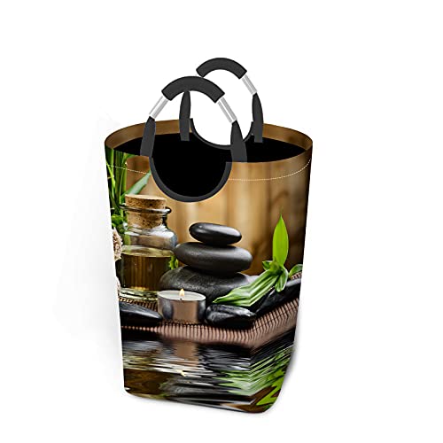 Wondertify Zen Laundry Hamper Basalt Stones Spa Oil Wood Green Bamboo Black Pebble Clothes Basket With Easy Carry Handles For Clothes Organizer Toys Storage