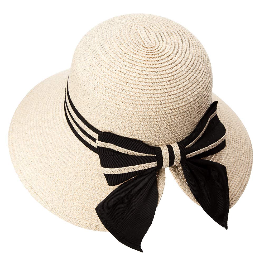 Jeff & Aimy Womens Packable Floppy Straw Beach Sun Hat Floppy with UV Protection Wide Brim Neck Cord Foldable Panama Fedora Travel Sunhat UPF 50 Large 57.5-59CM