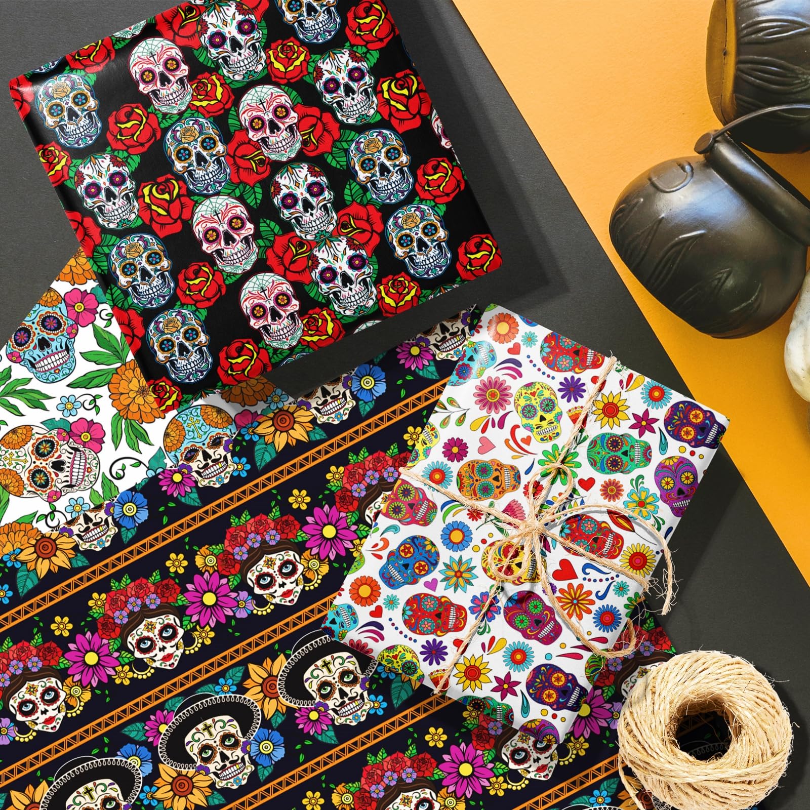 YVAINE 12 Sheets Day of the Dead Wrapping Paper Mexican Sugar Skull Wrapping Paper Folded Flat Art Paper for Dia De Los Muertos Halloween Birthday Party, 20 x 27 Inches