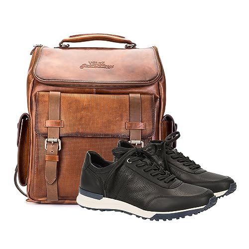 VELEZ 9.5 Mens Black Business Casual Sneakers + Full Grain Leather Backpack for Men Tan Designer Bookbag Business Casual Shoulder Bag