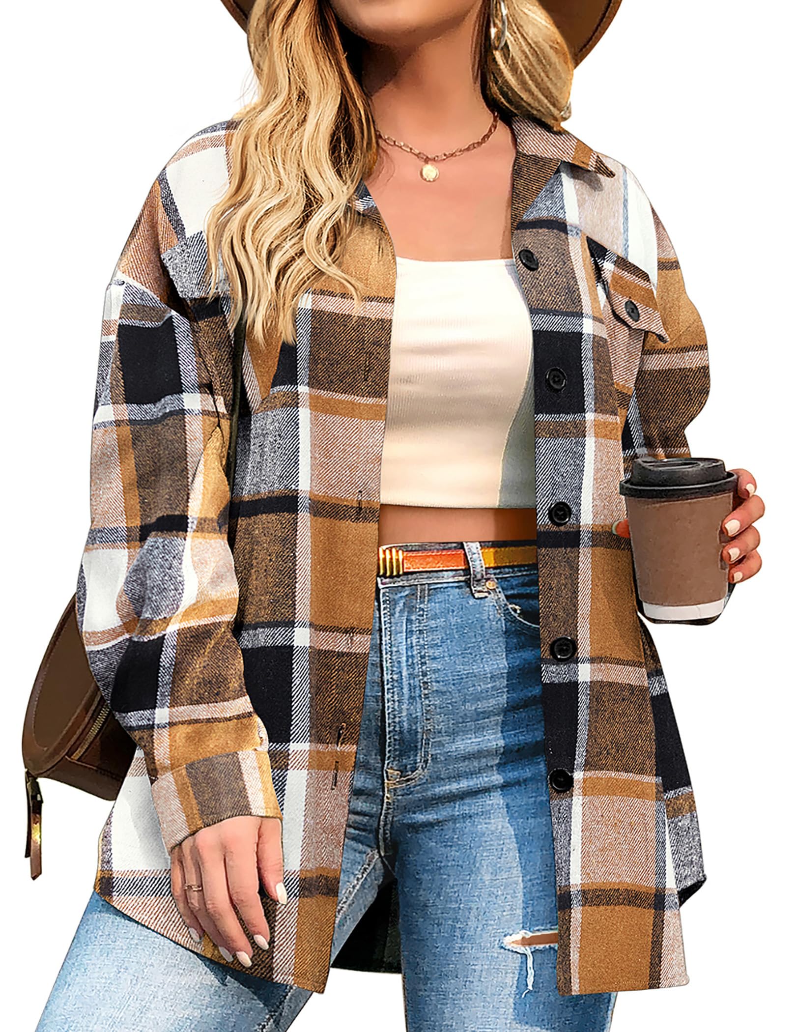 IN'VOLAND Women's Flannel Plaid Shacket Casual Button Down Long Sleeve Flannel Shirts Plus Size Fall Tartan Jacket Brown 24W