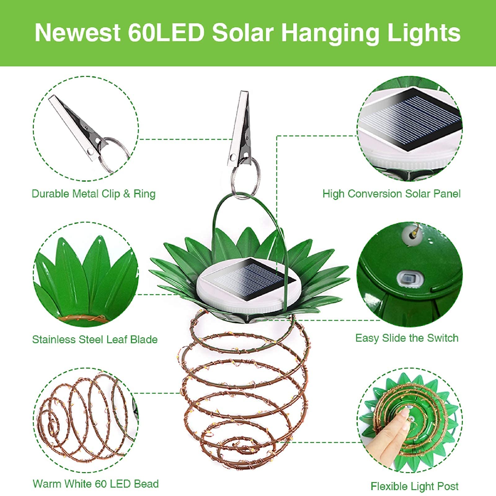 JSOT 2 Pack Solar Lanterns Outdoor Waterproof, 60LEDs Hanging Pineapple Decorative Lights for Backyard, Porch, Patio, Table, Yard, Balcony, Plants, Teepee, Lawn, Pathway, Warm Light.