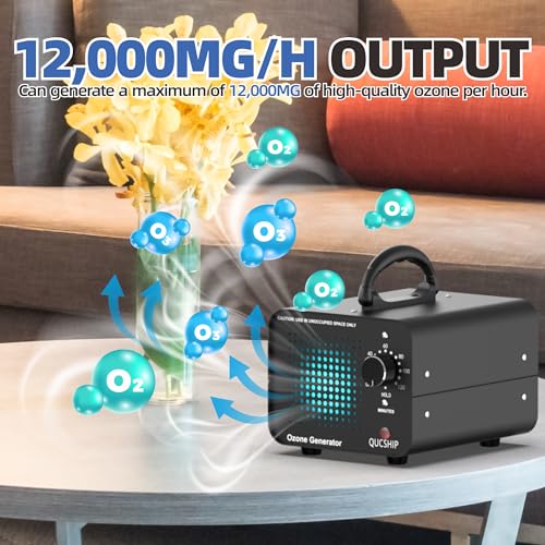 Qucship Ozone Generator 12,000mg/h - Commercial Ozone Machine, High Capacity Ozone Machine Odor Removal & Home Ozone Generator, Ideal for Home, Basement, Smoke, and Pet Room etc, Black