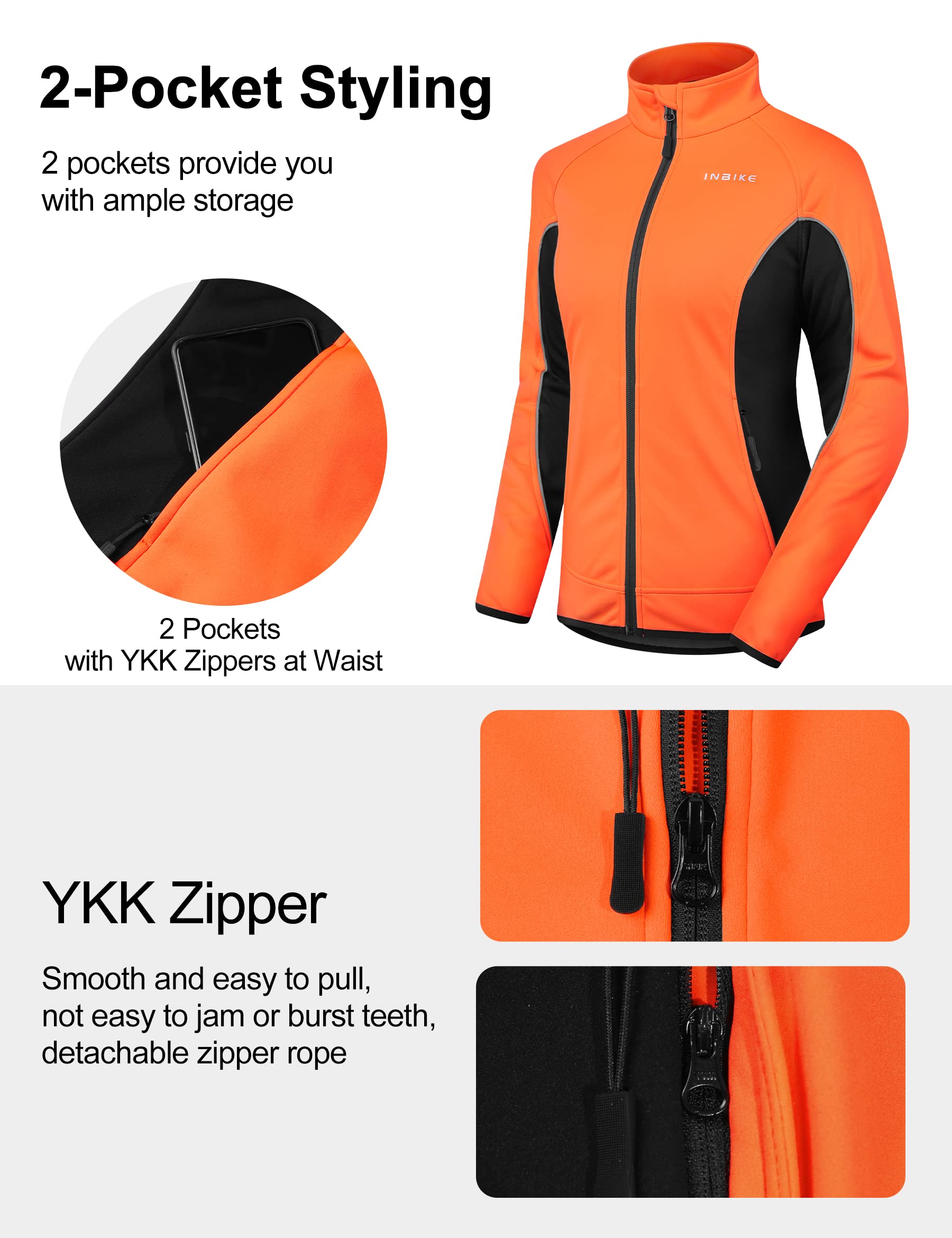 INBIKE Women's Cycling Jacket Biking Running Windbreaker Thermal Fleece Lined Reflective Coat for Cold Weather Winter Orange Medium