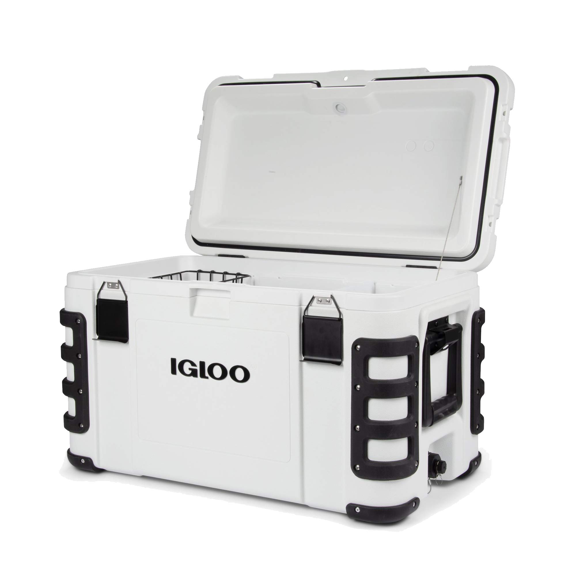 Igloo Leeward 50 Quart Marine Grade Lockable Insulated Fishing Ice Chest Cooler with Cutting Board, Fish Ruler, and Tie-Down Points, White, 00048491
