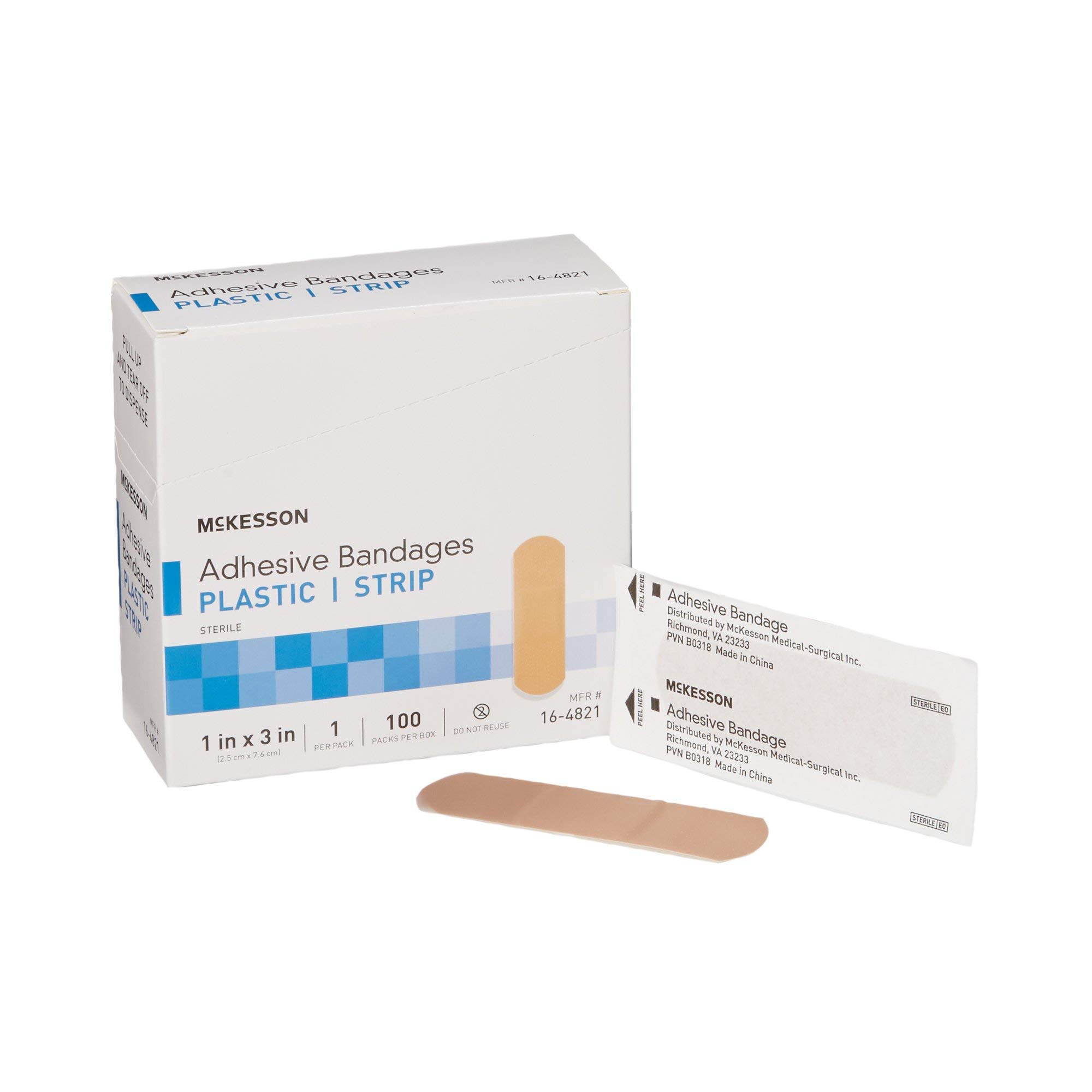 McKesson Adhesive Bandages, Sterile, Plastic Strip, 1 in x 3 in, 100 Count, 2 Packs, 200 Total
