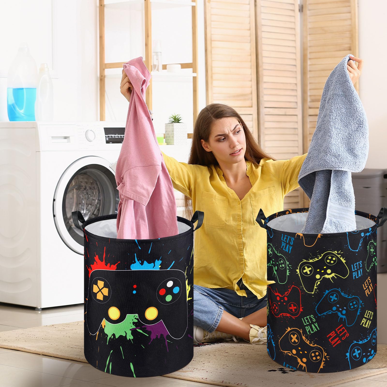 Zhehao 2 Pcs Gamer Laundry Basket Boys Hamper Kids Gaming Storage Basket Hamper Clothes Organizer Toy Storage Waterproof Laundry Hamper for Bedroom Bathroom Gamer Room Decor(Stylish)