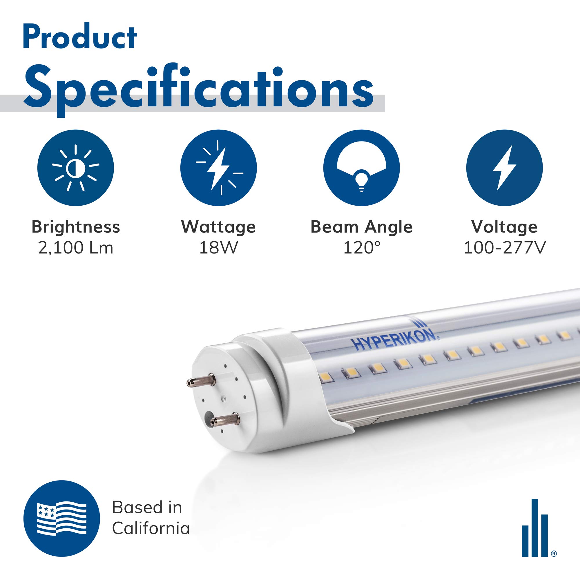 Hyperikon 4 Foot LED Tube, T8 T10 T12 40 Watt Replacement (18W), Single End Ballast Bypass, Clear Lens, UL, DLC, Crystal White, 4 Pack