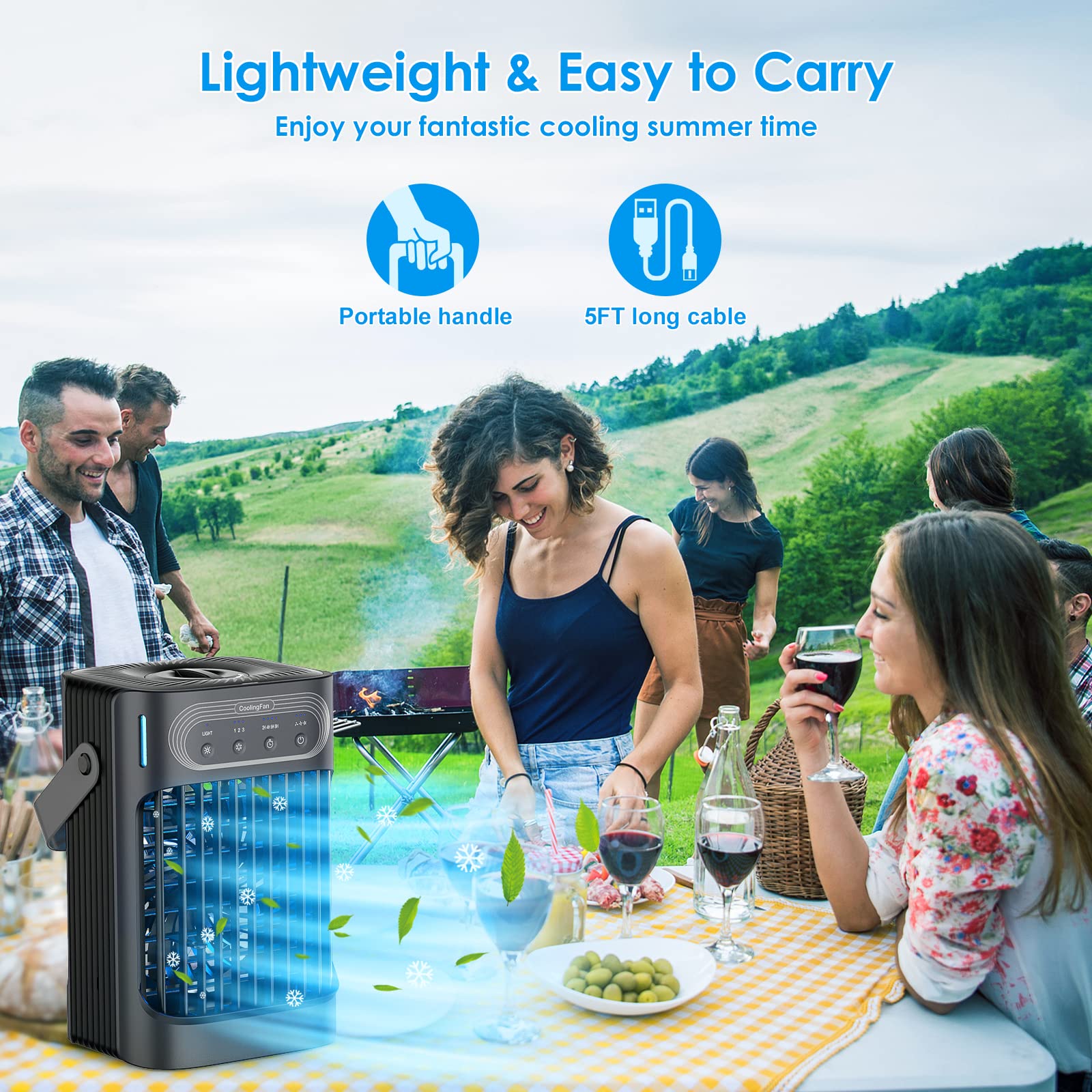 Portable Air Conditioners Cooling Fan, Upgraded Evaporative Mini Air Conditioner Portable with 3 Cool Mist & Speeds, 7 Night Light & 2-8H Timer, Personal Air Cooler for Bedroom Office Camping