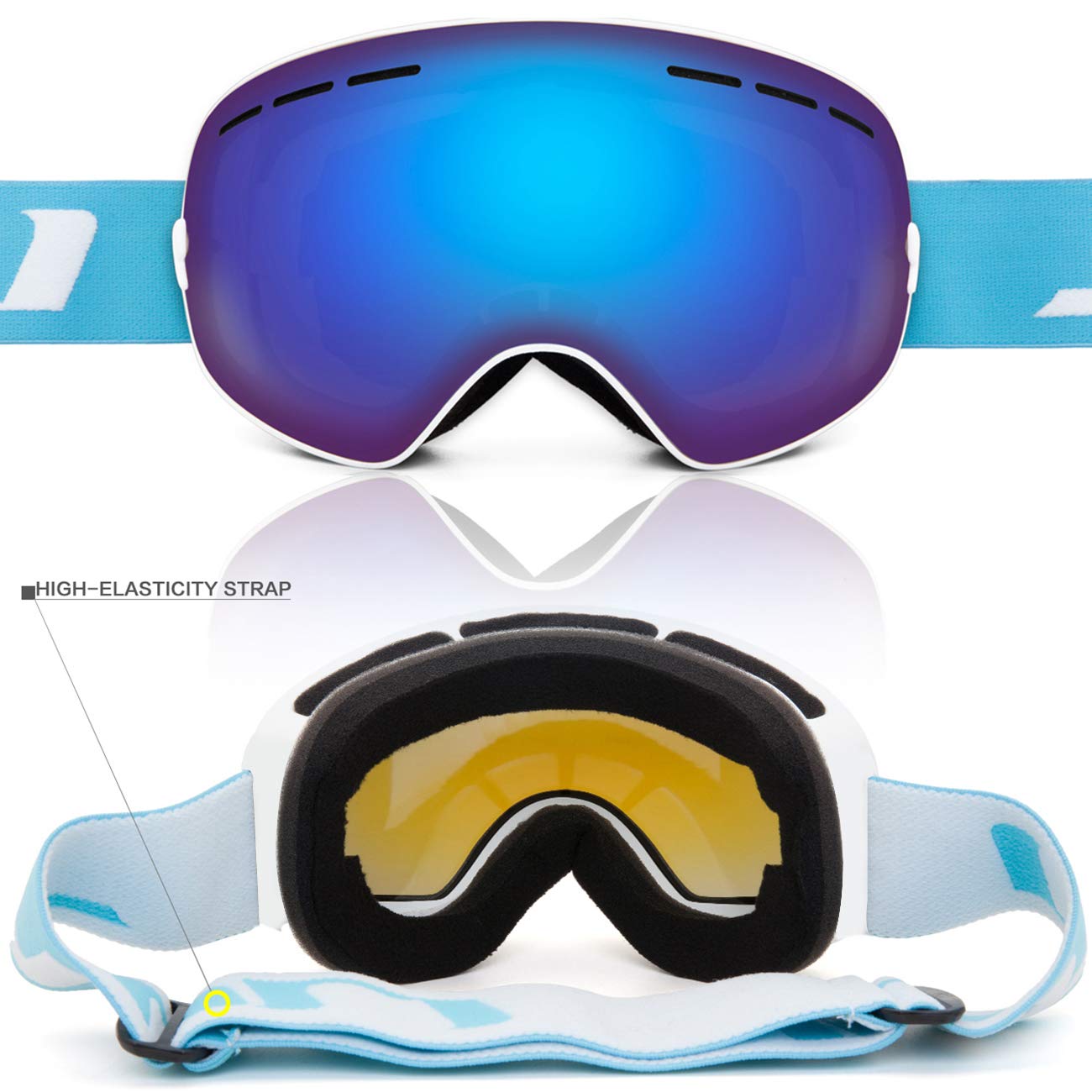 JULI Kids Ski Goggles,Interchangeable Double Layer Spherical Lens,OTG Anti-Fog Snowboard Skate Snow Goggles Age 4-16 4300(White/Blue)