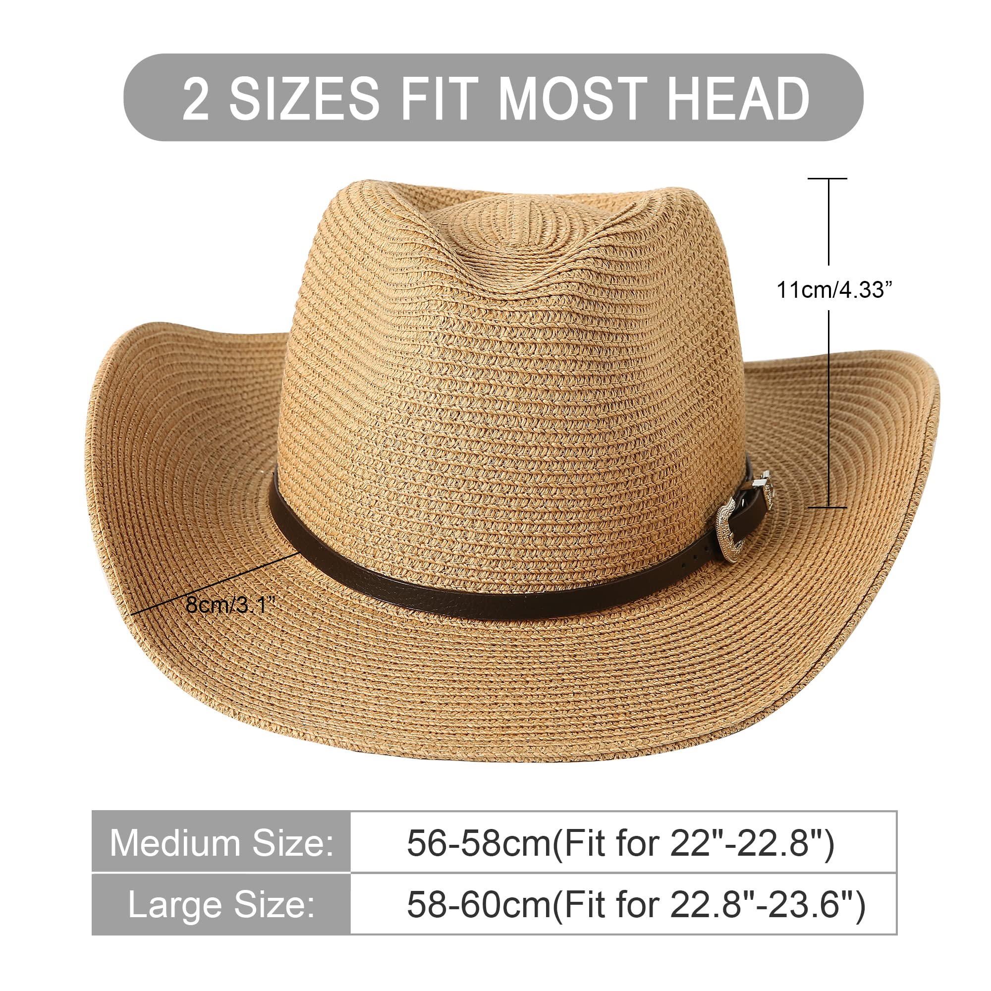 Lanzom Women Men Summer Western Straw Cowboy Cowgirl Hat Shapeable Wide Brim Staw Beach Sun Hat (Medium, Khaki)