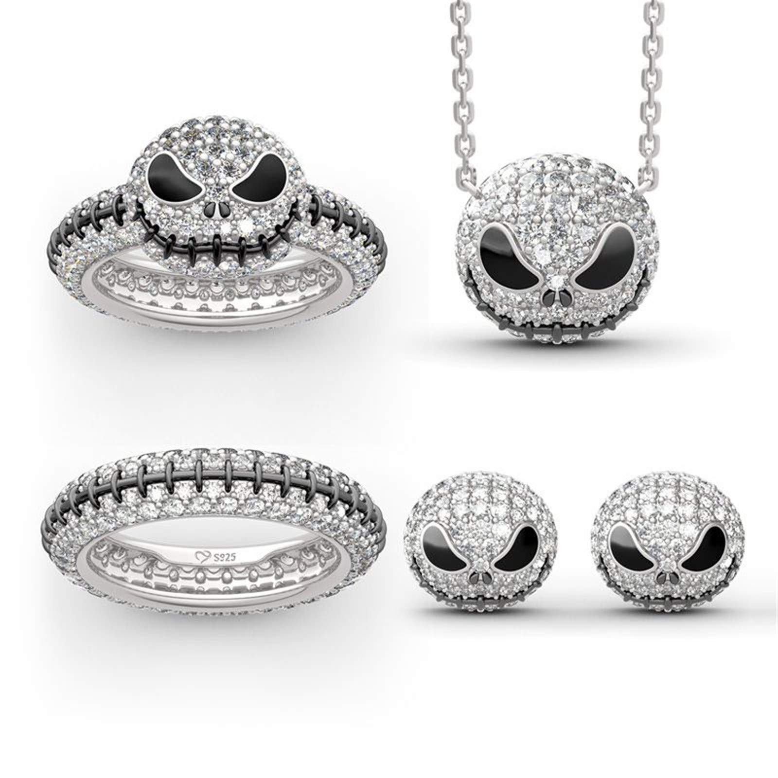 JEULIA "Pumpkin King Jack Skull Women Rings 925 Sterling Silver Skull Diamond Ring Bridal Set Wedding Engagement Anniversary Promise (7.0(U.S))
