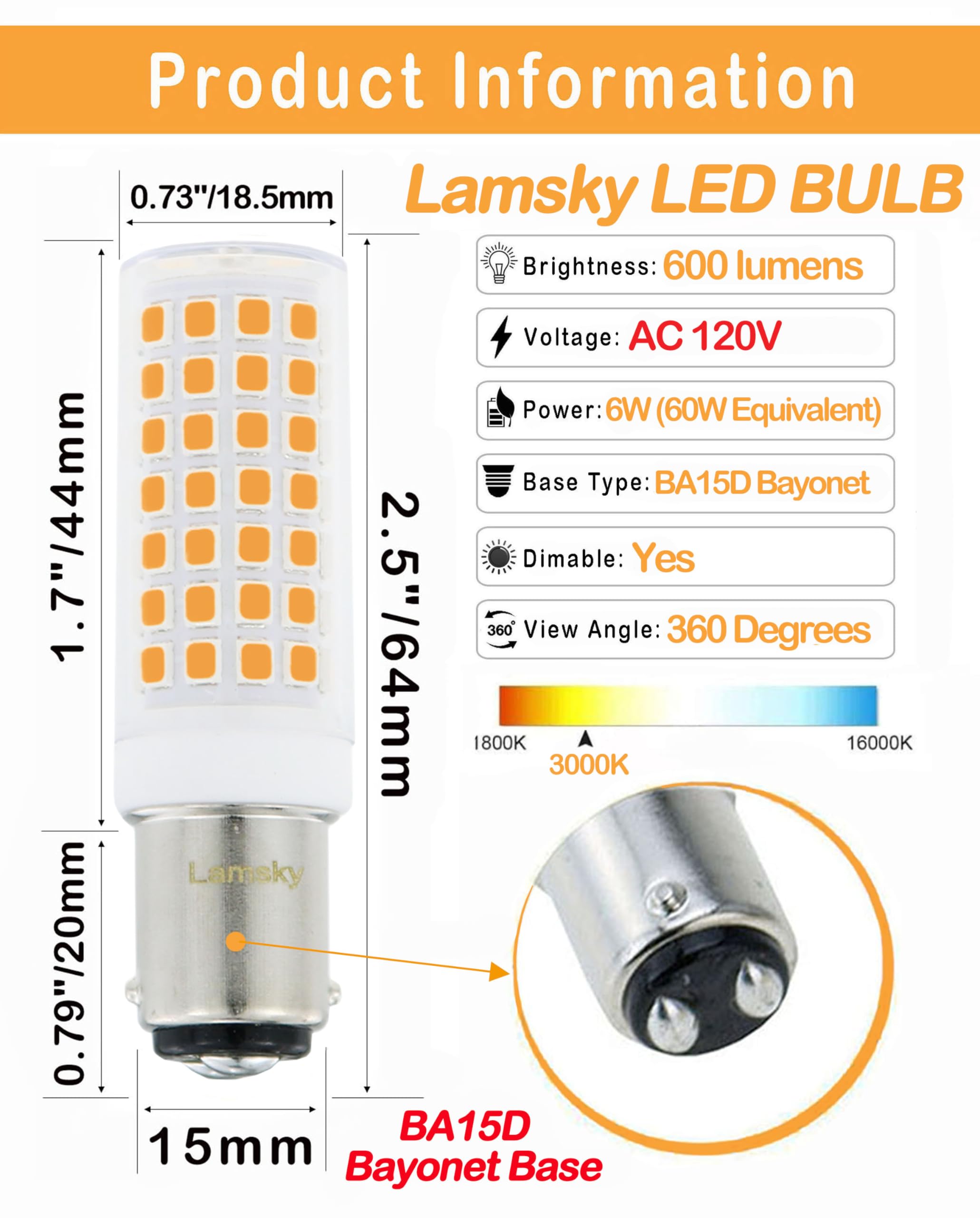 Lamsky BA15D Led Bulbs 6W Dimmable 120V,B15 Double Contact Bayonet Base,Soft Warm White 3000K,60W JD Type T3/T4 Halogen Equivalent Replaces for Pendants Ceiling Fans Sewing Machine Light(6-Pack)
