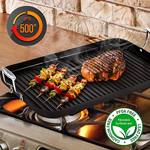 NutriChef Nonstick Stove Top Grill Pan - PTFE/PFOA/PFOS Free Need two Burners 20" x 13" Hard-Anodized Non stick Grill & Griddle Pan - Kitchen Cookware, Dishwasher Safe NCGRP59