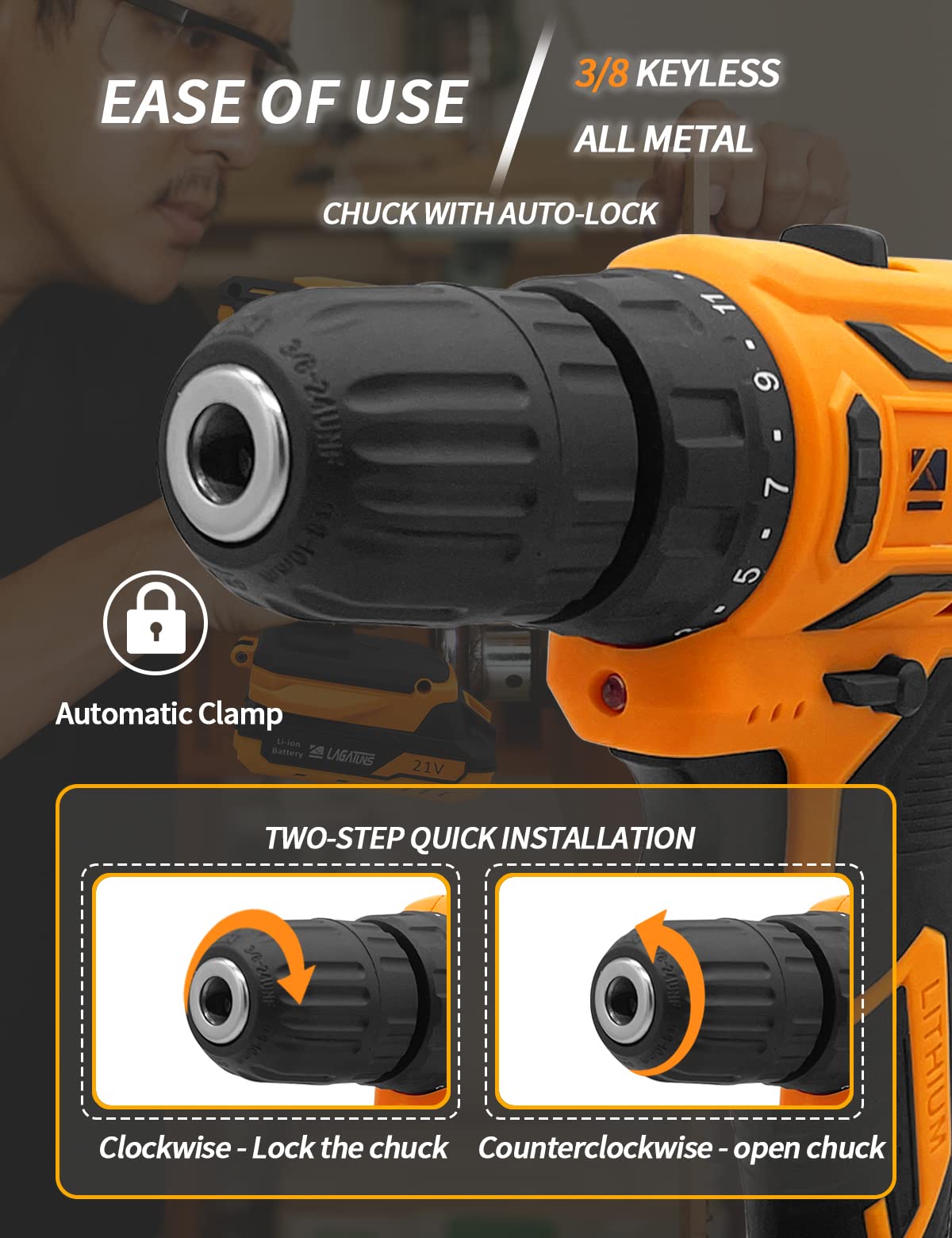 Power Drill Cordless,21V Electric Power Drill Set,18+1 Clutch & Variable Speed,3/8-Inch Keyless Chuck,40NM(355in-Lbs)Max Torque,with a Battery & Charger,and other Accessories